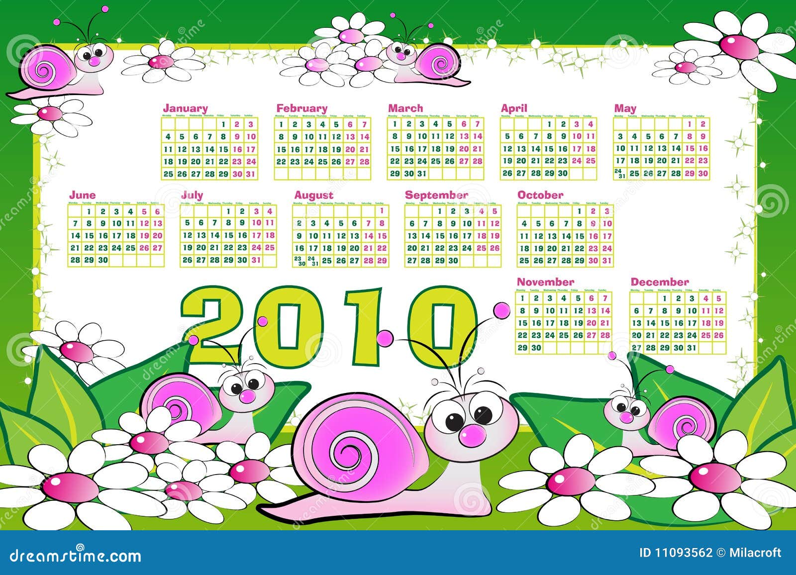 2010 calendar with snails stock vector. Illustration of november - 11093562