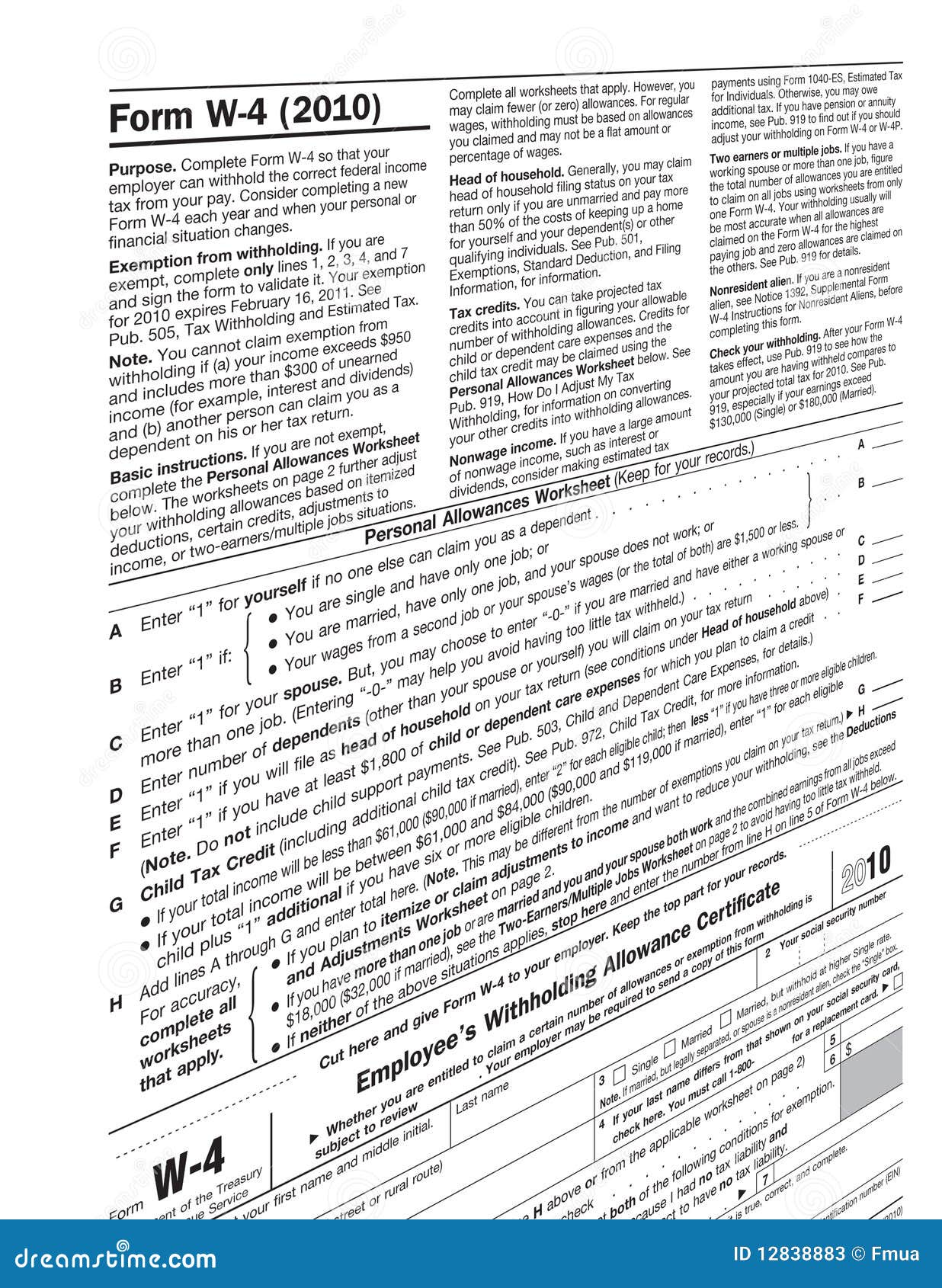 2010 Form W-4 stock image. Image of allowance, american - 12838883