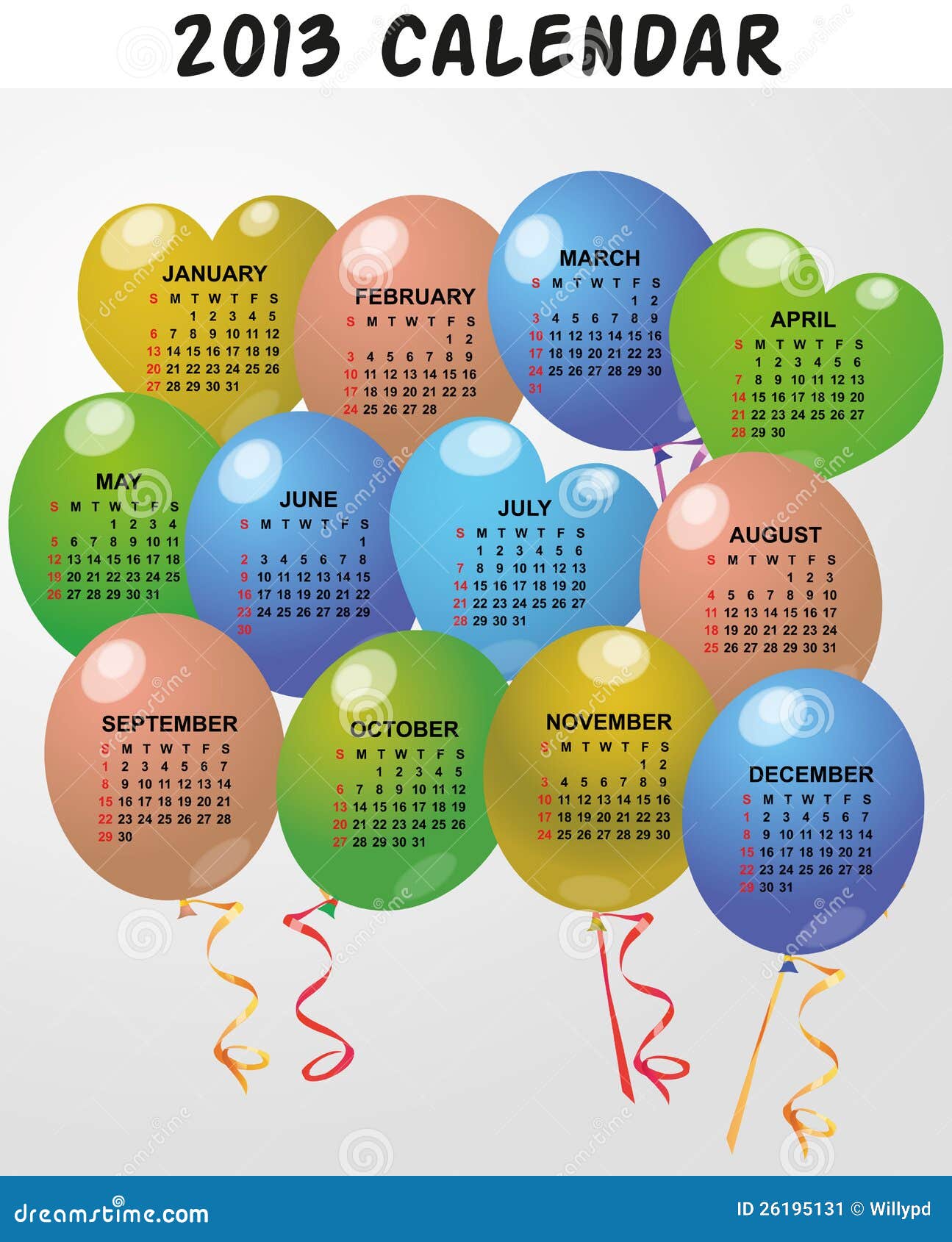 2013 balloon calendar stock vector. Illustration of numbers - 26195131