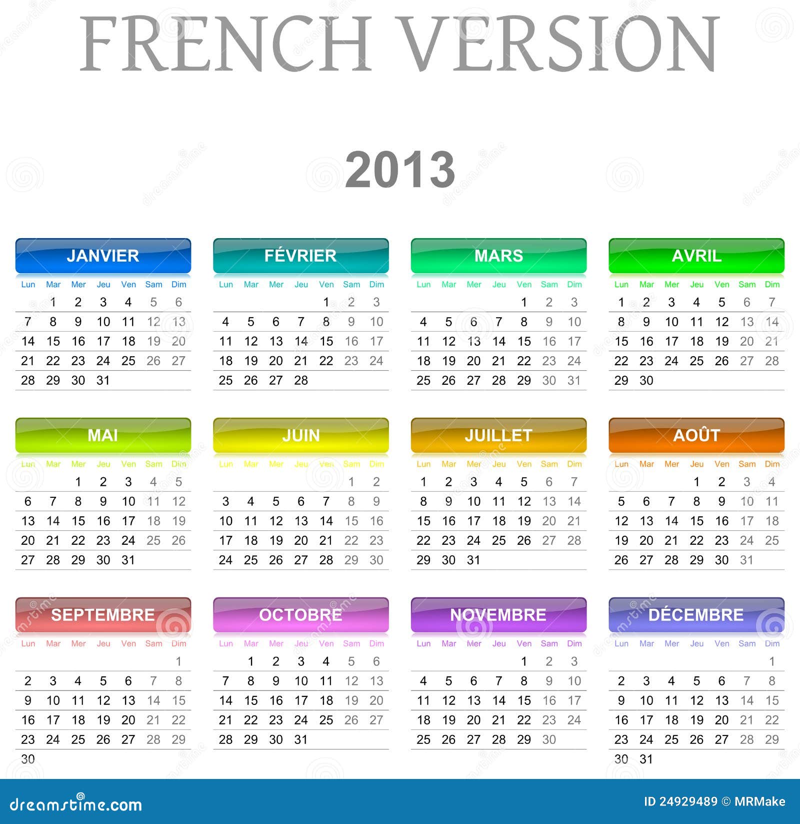 Calendar French France 2019. Set Grid Wall ISO 8601 Illustration ...