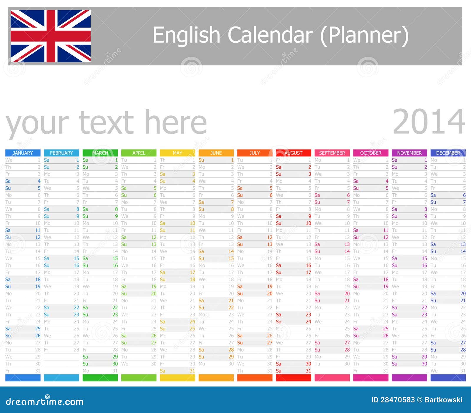 2014 De Engelse Kalender Van De Ontwerper Met Verticale Maanden Vector ...