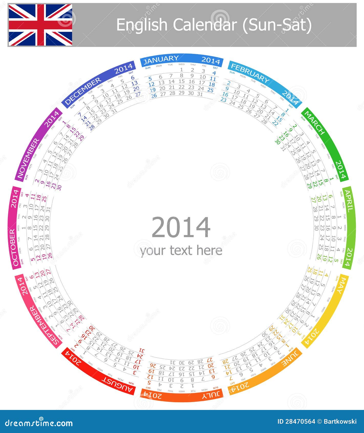 2014 English Circle Calendar Sun-Sat Stock Vector - Illustration of ...