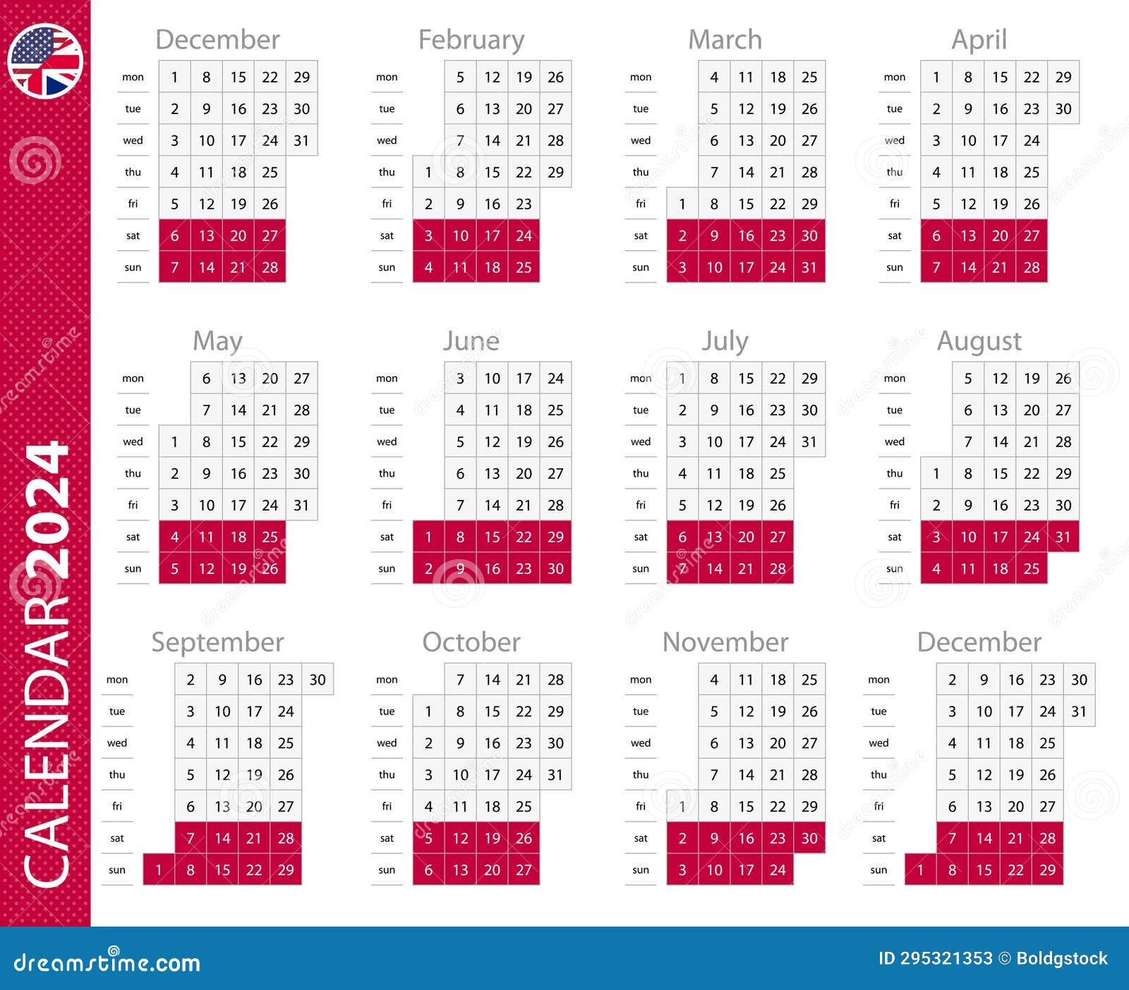 2024 Calendar with Vertical Grid. Vector Calendar Stock Vector ...