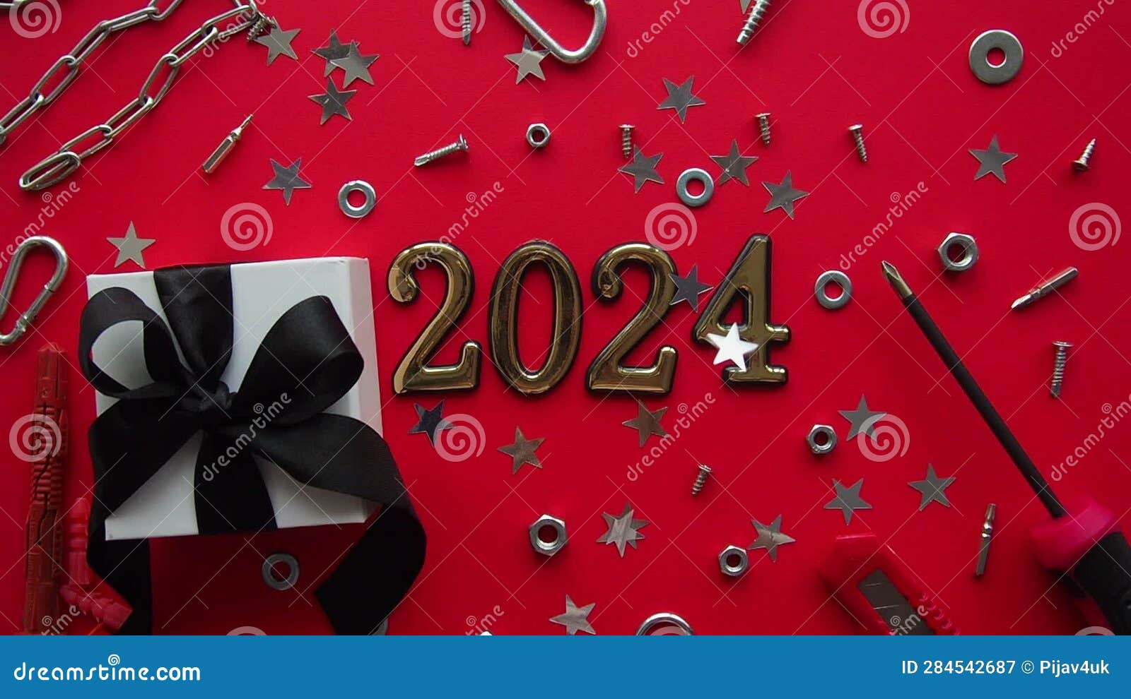 2024 and Construction Tools and Wrapped Gift on Red Background Stock ...