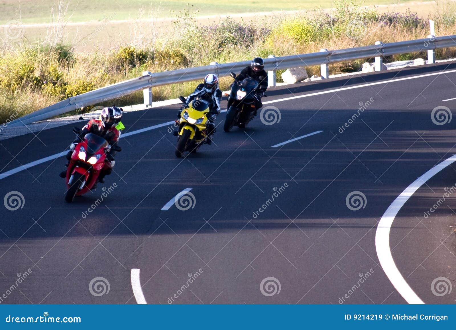 3 Bikers on curved road stock image. Image of black, tire - 9214219