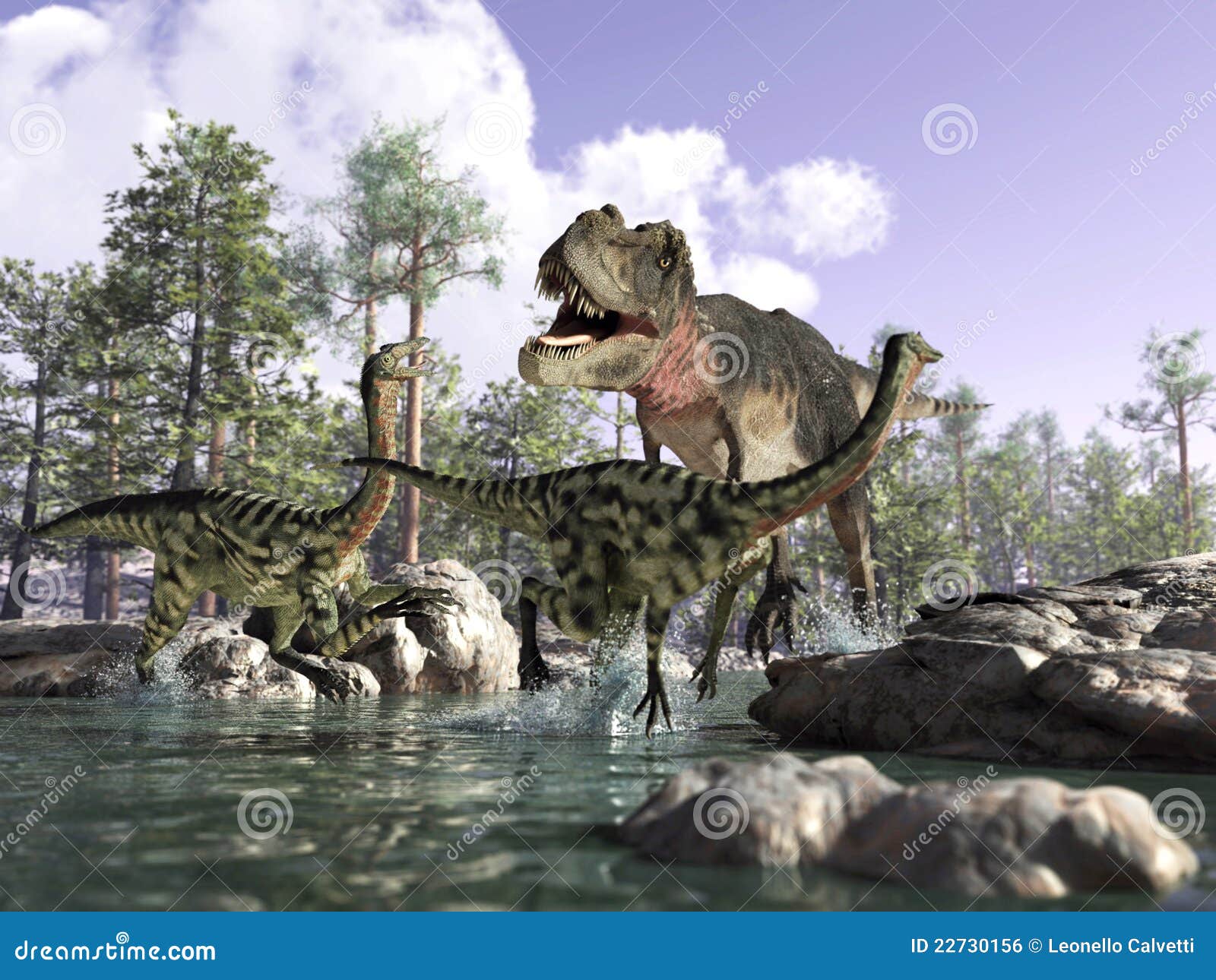 3 D Scene of a T Rex, Hunting Two Gallimimus. Stock Illustration ...