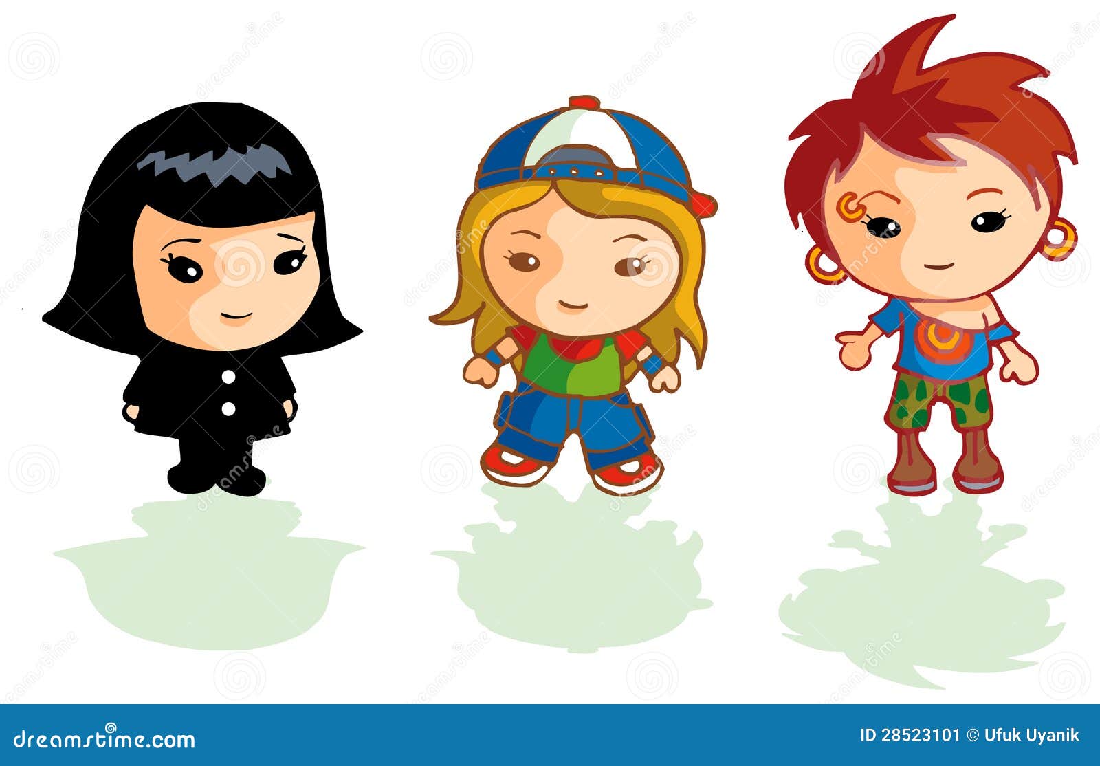 3 different cartoon girls stock illustration. Illustration of clothing ...