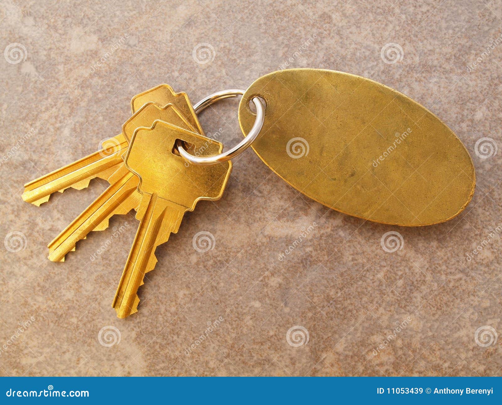 3 Gold Keys and Blank Keychain on Tile Stock Image - Image of open ...