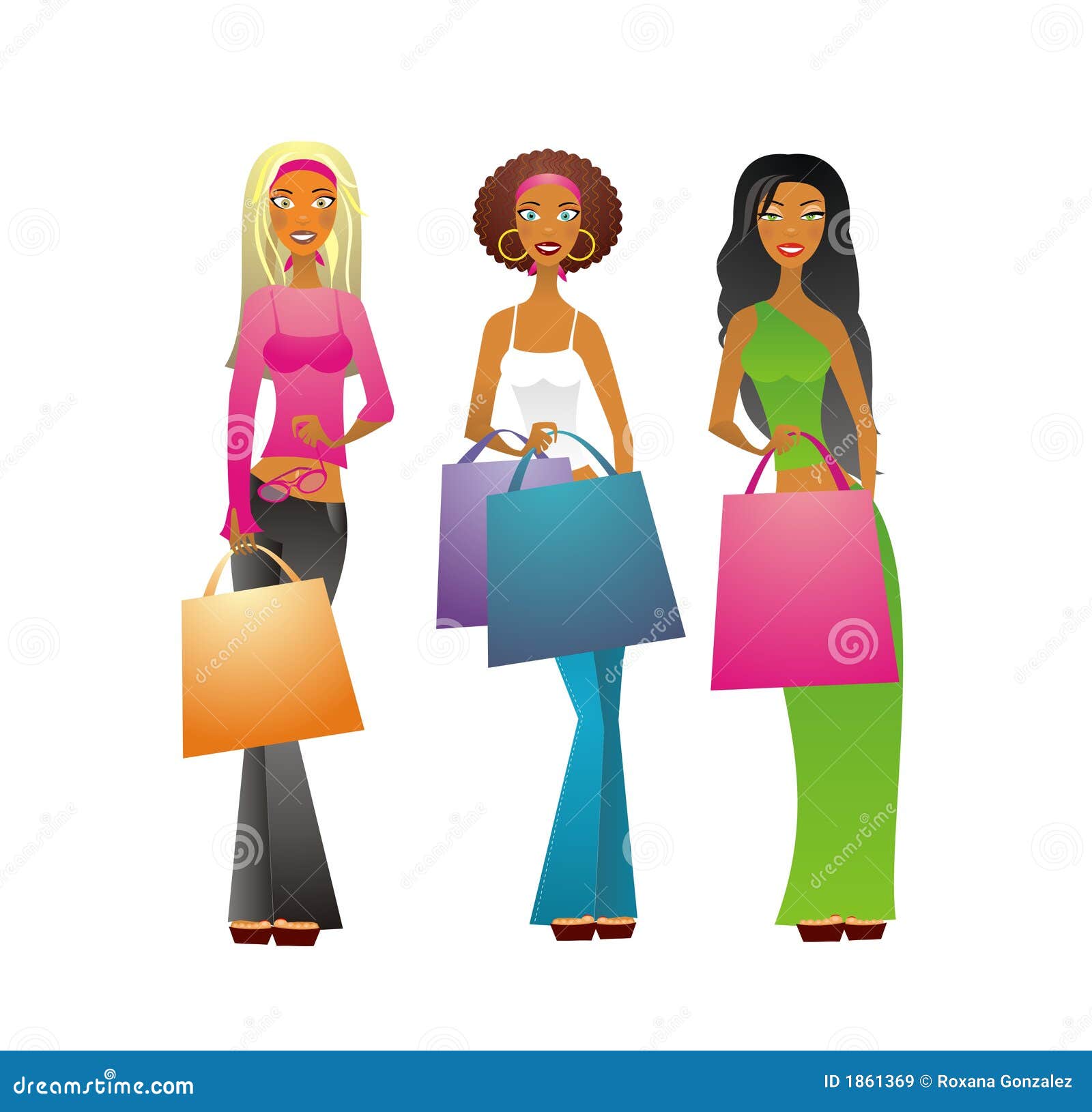 3 Shopping girls stock vector. Illustration of colorful - 1861369