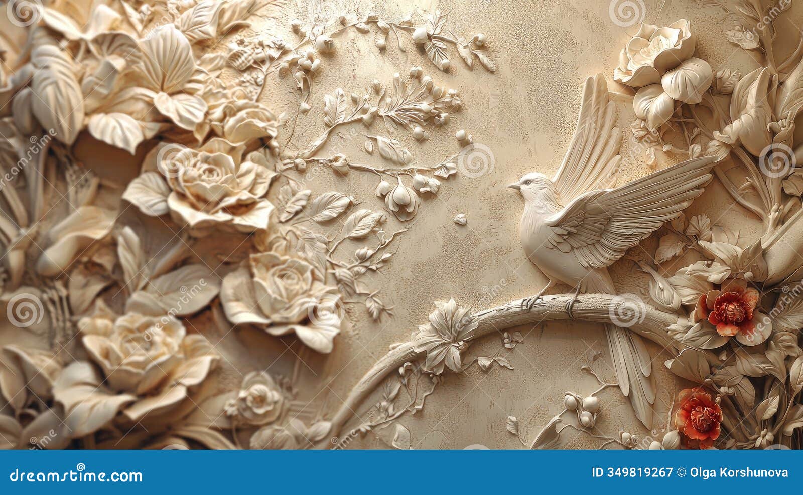 3D Bas Relief Wall Art Featuring Bird and Floral Motifs Stock Image ...