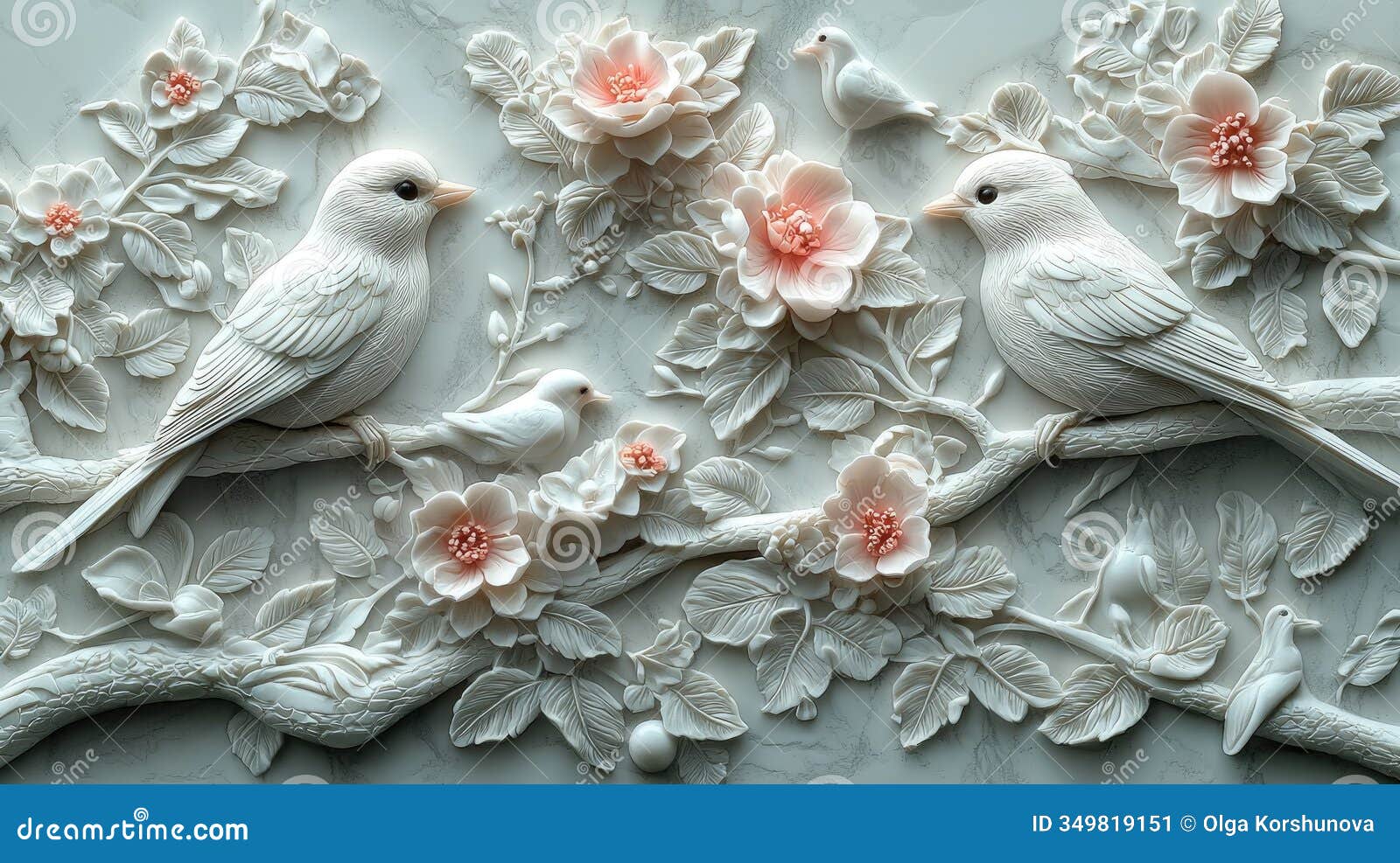 3D Bas Relief Wallpaper with Birds and Floral Botanical Design Stock ...