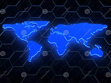 3d Blue Glowing Map Over Black Stock Illustration - Illustration of ...