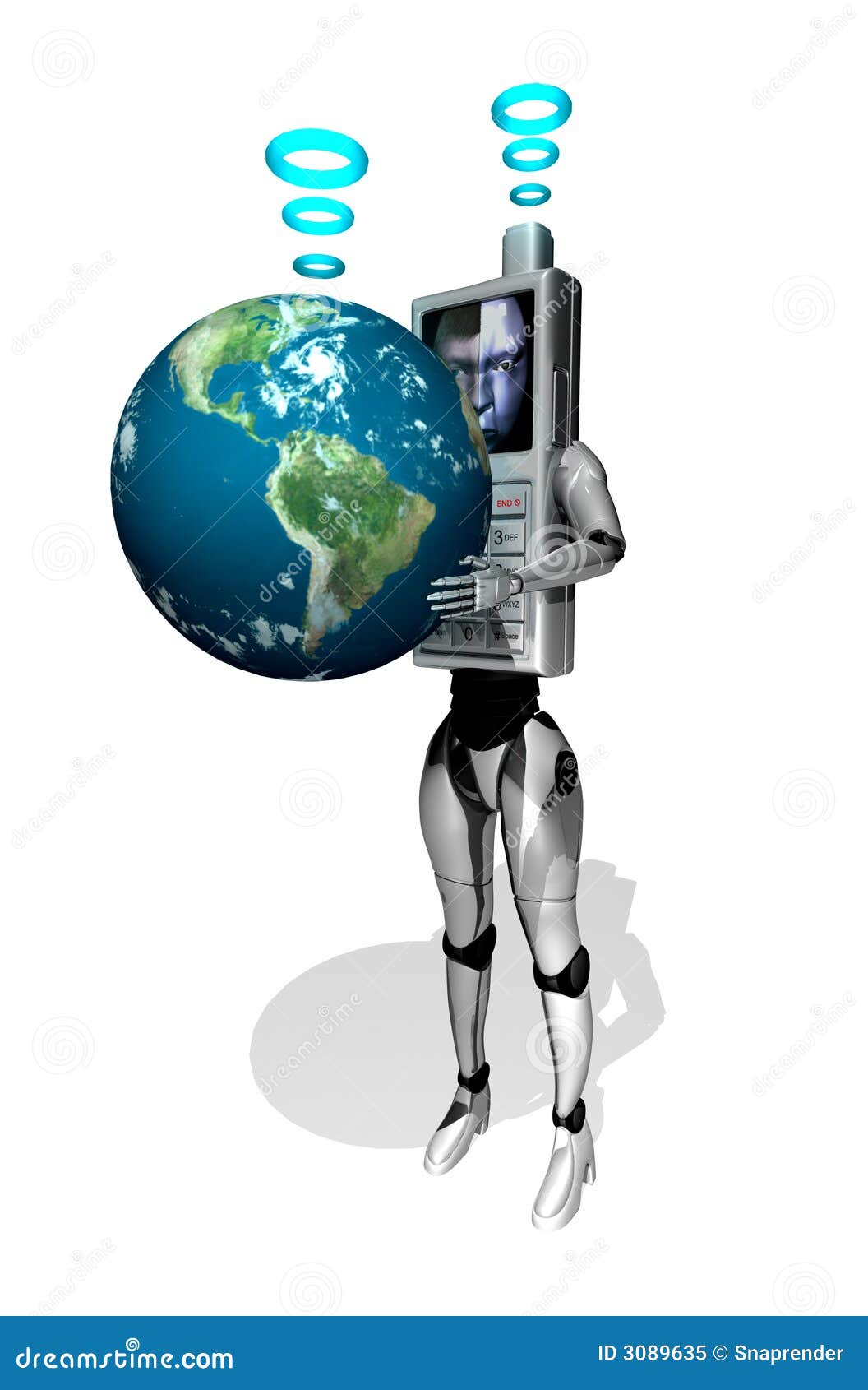 3D Cell Phone Robot with Earth Stock Illustration - Illustration of ...