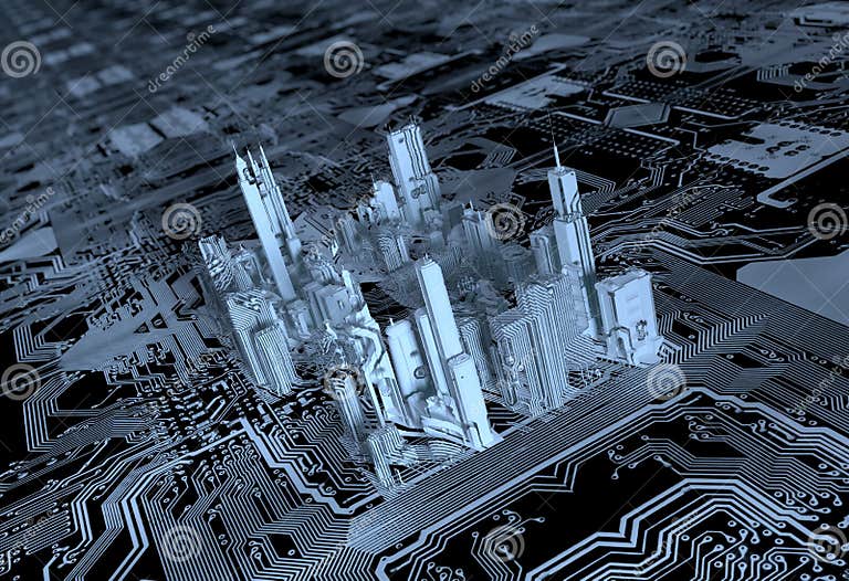 3D city computer chip stock illustration. Illustration of microchip ...