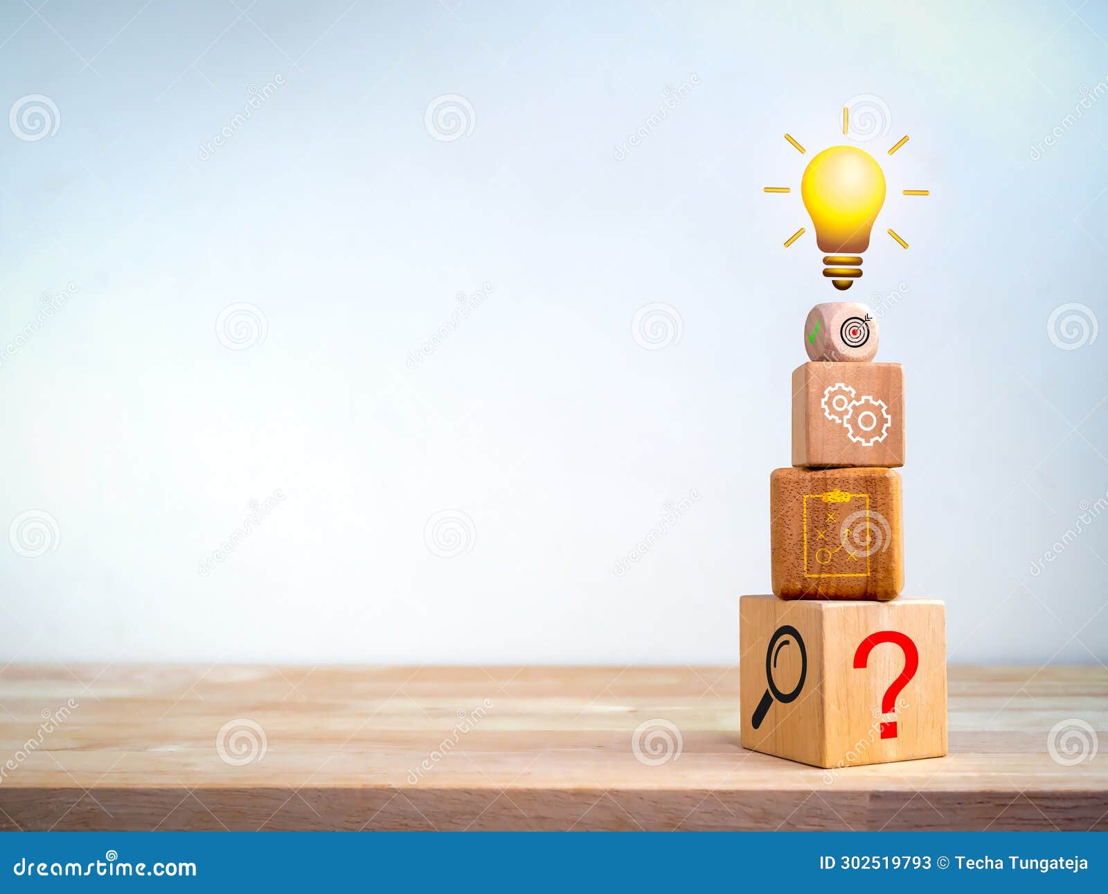 3d Creative Light Bulb Icon on Wooden Cube Blocks Stack with Strategy ...