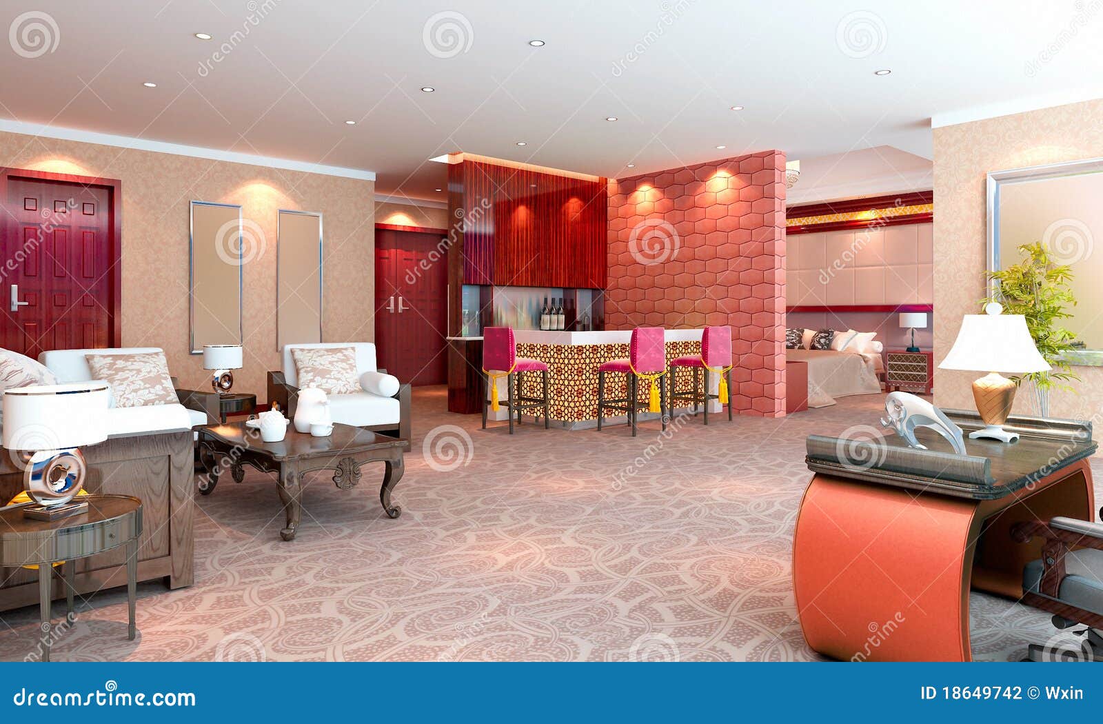 3D Deluxe Hotel Suite Interior Rendering Stock Photo - Image of ...