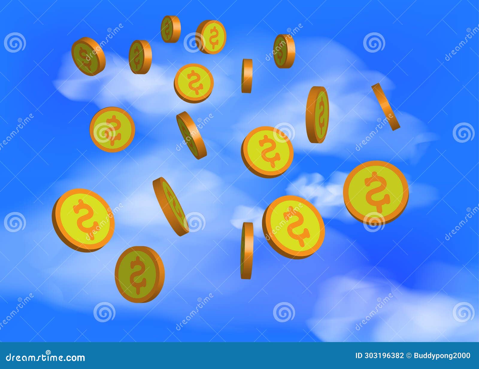 3D Dollar Coin Drop from Sky Logo Icon Isolated on Blue Sky Background ...
