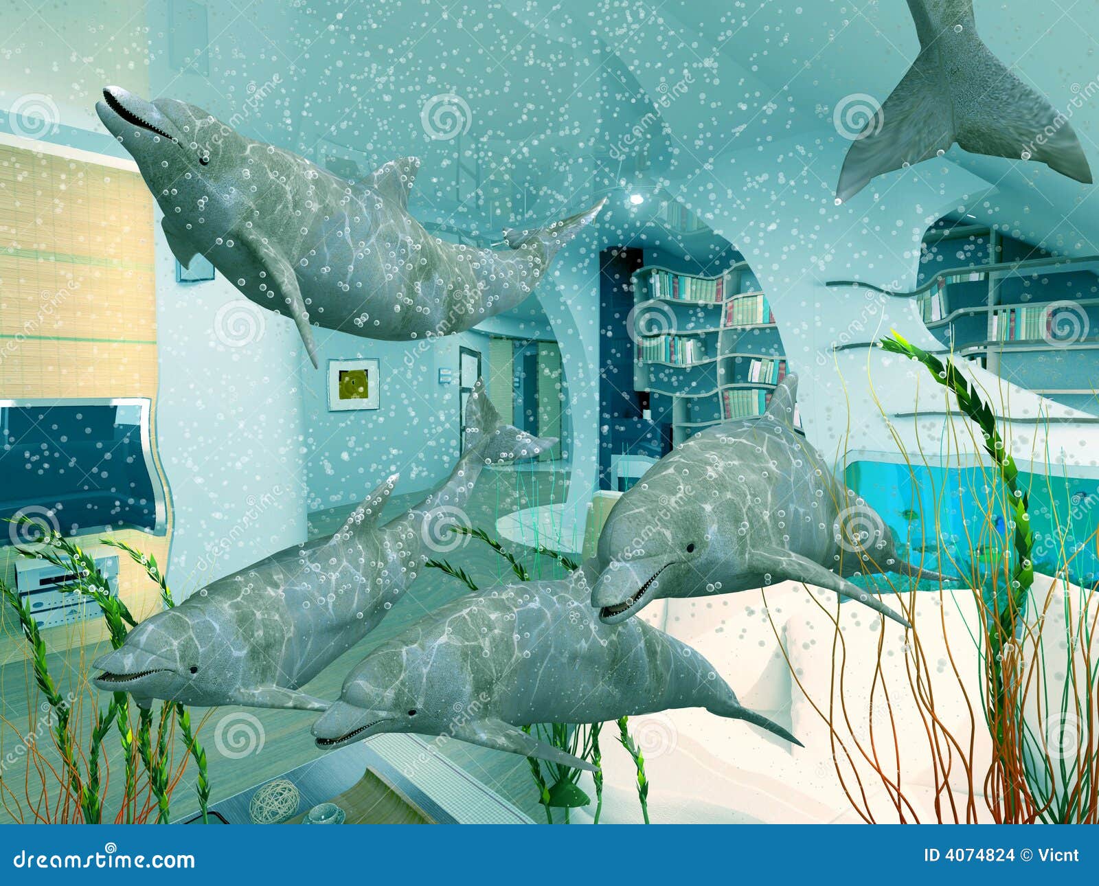 3D Dolphins inside home stock illustration. Illustration of home - 4074824