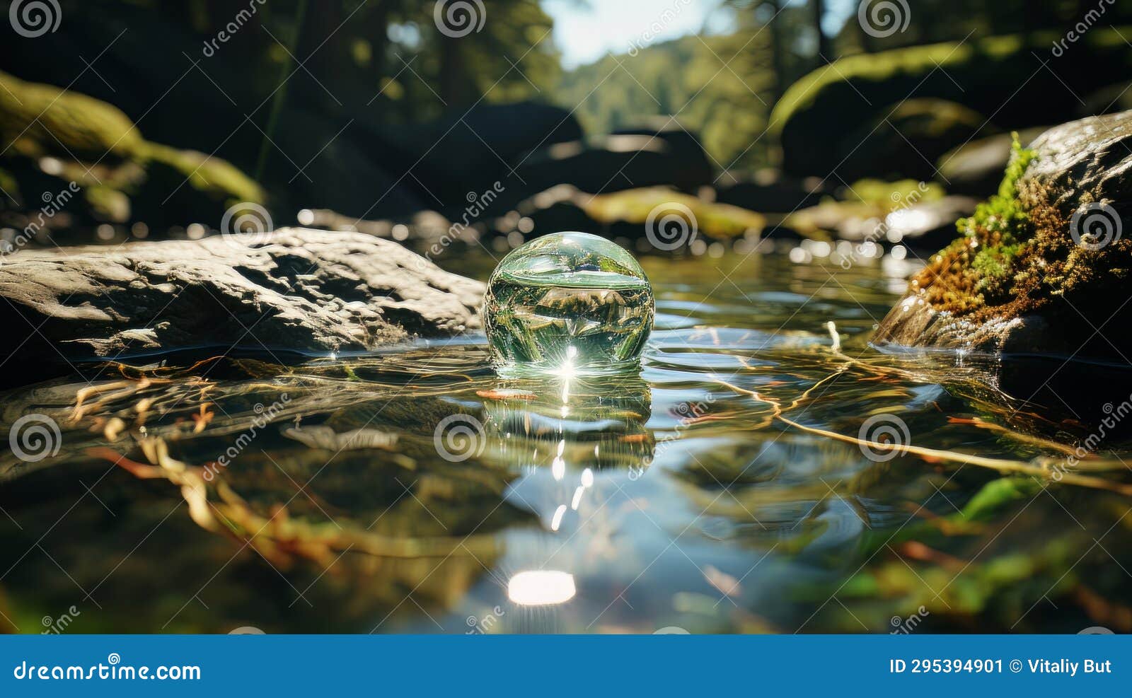 3D Drop of Water with Reflection of Nature Inside with Backdrop of ...