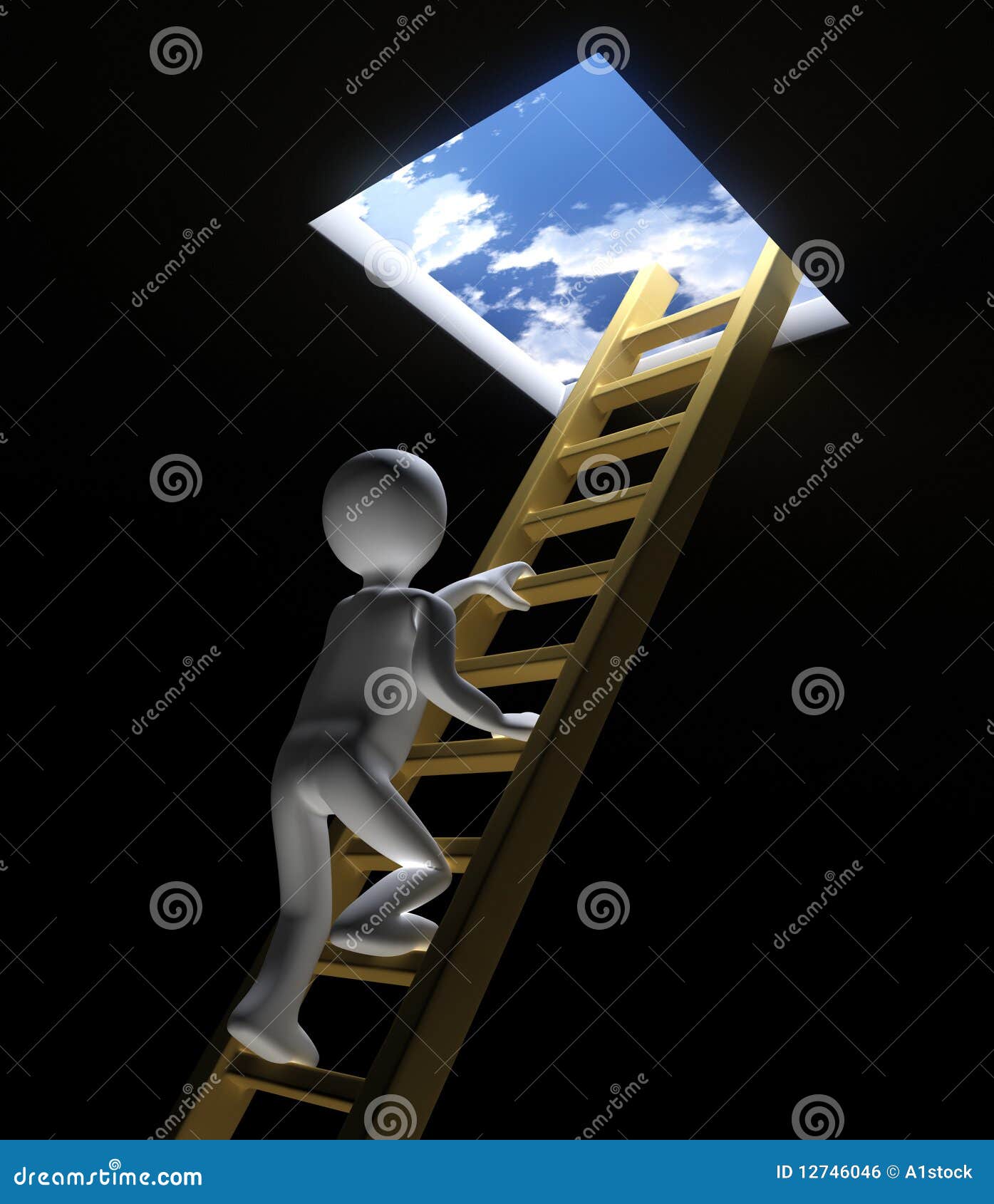 3D Figure Climbs Ladder To Sky Stock Illustration - Illustration of ...