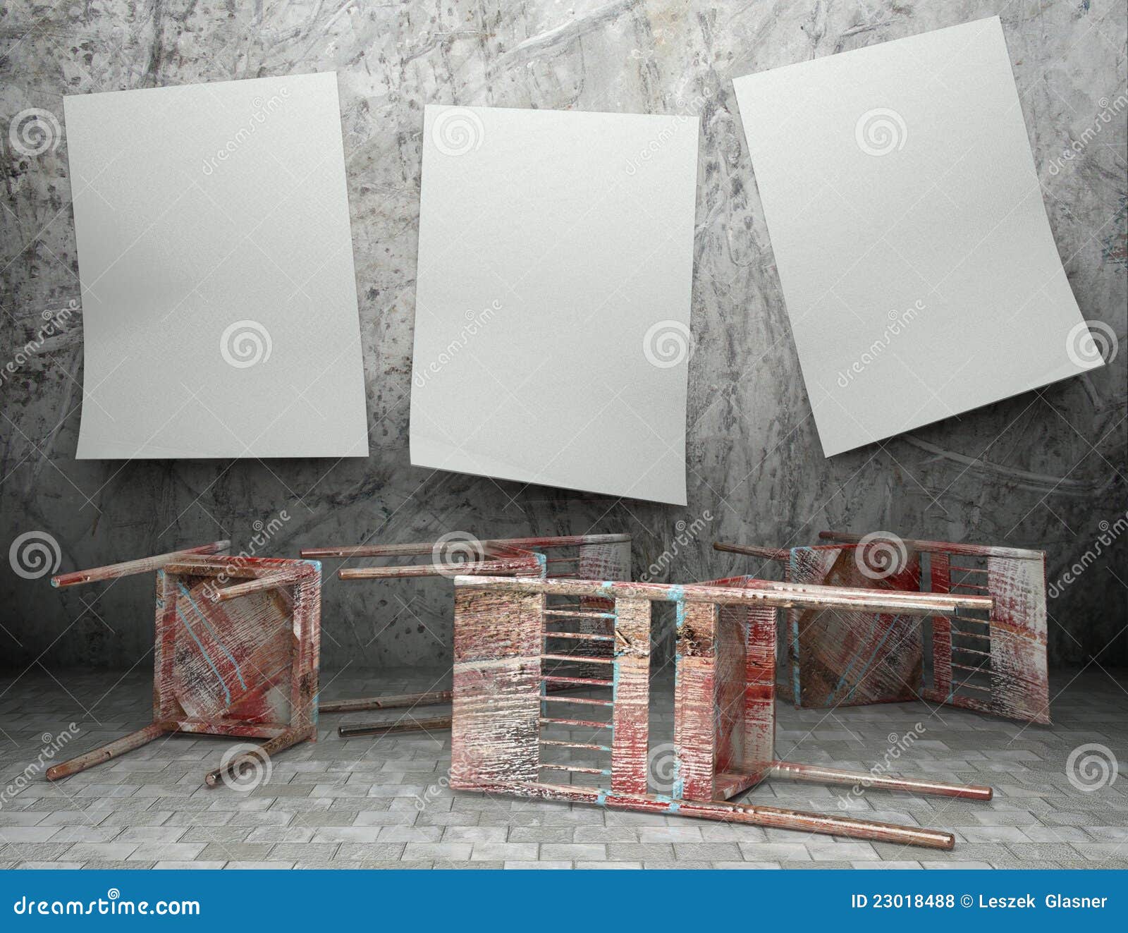 3d Grunge Wooden Chairs with Empty Posters Stock Illustration ...