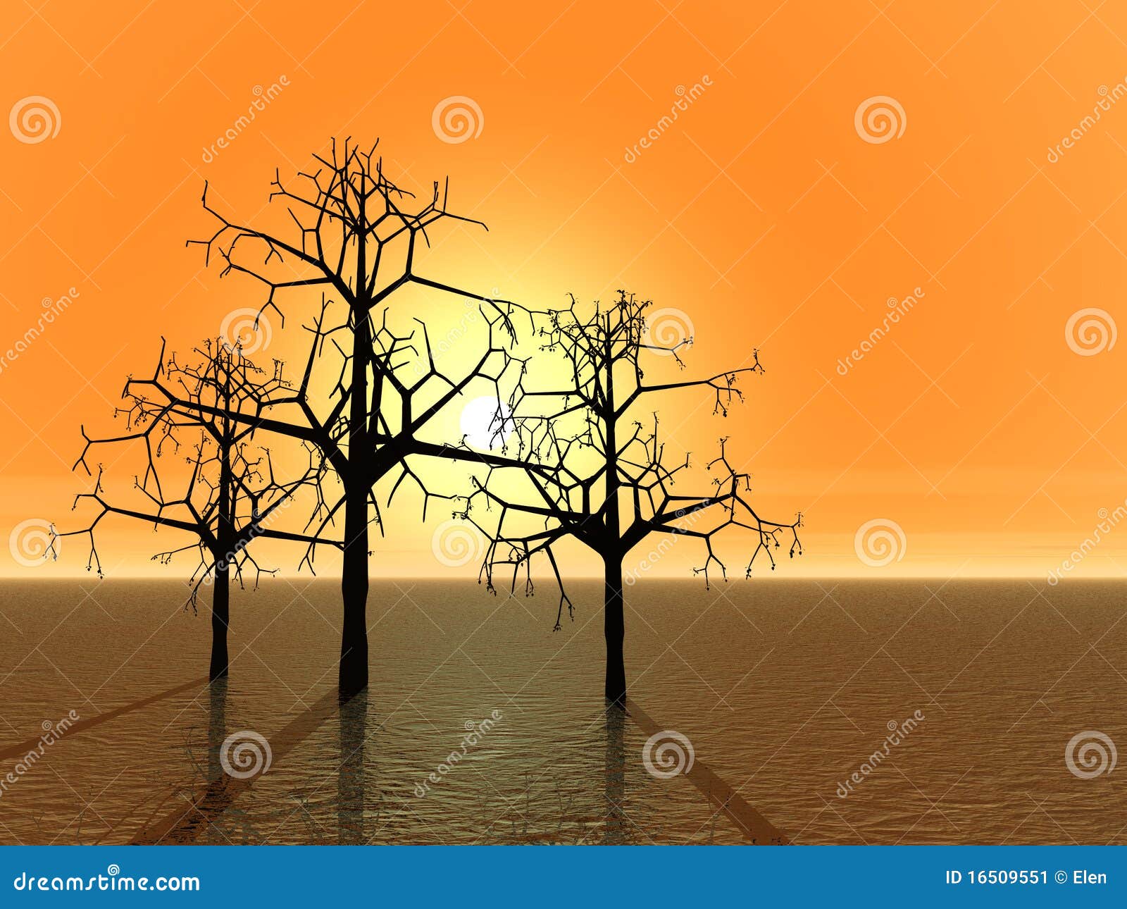 3d Landscape with Tree. Sunset Stock Illustration - Illustration of ...