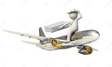3d Man Flying on a Gold Airplane Stock Illustration - Illustration of ...