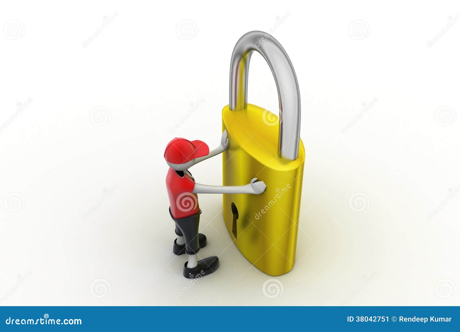 3D man holding a padlock stock illustration. Illustration of icon ...