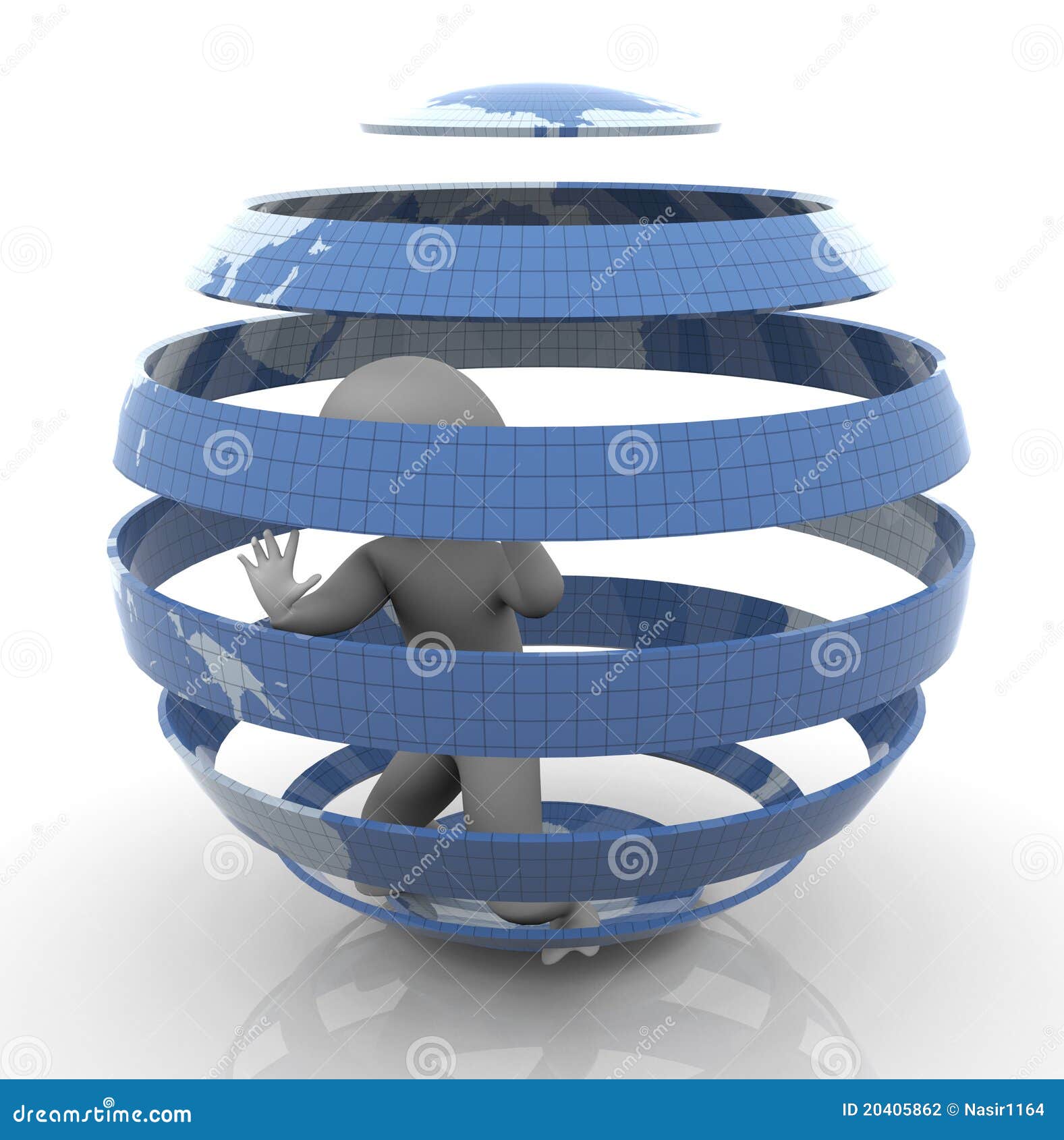 3d man inside caged globe stock illustration. Illustration of earth ...