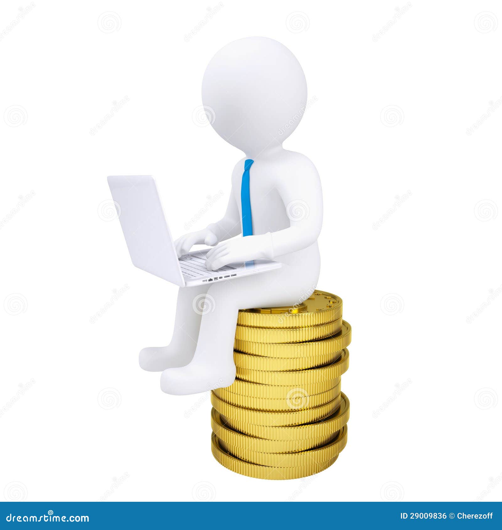 3d Man with Laptop Sitting on a Pile of Gold Coins Stock Illustration ...