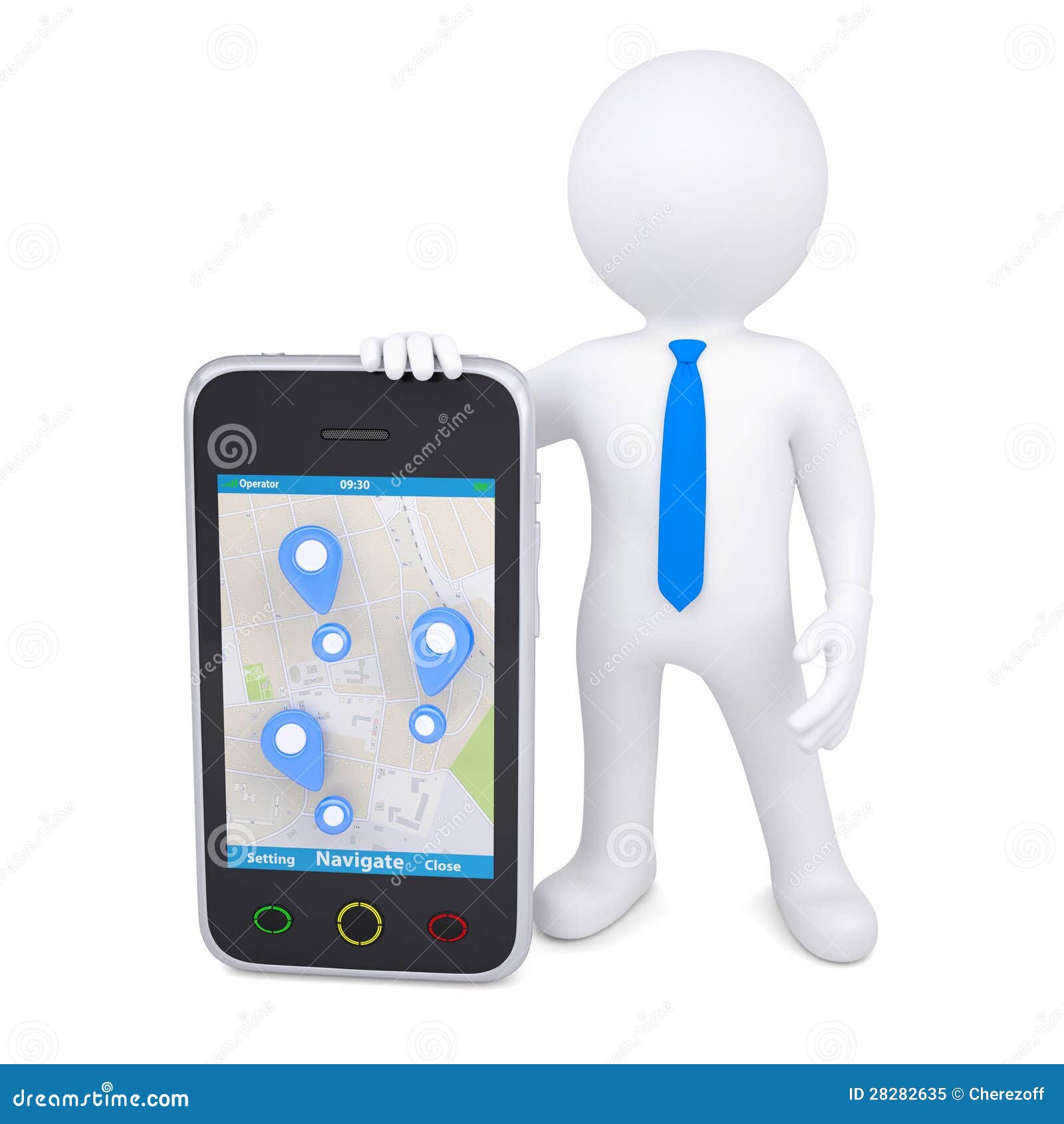 3d Man and a Smartphone with a Map and Marks Stock Illustration ...