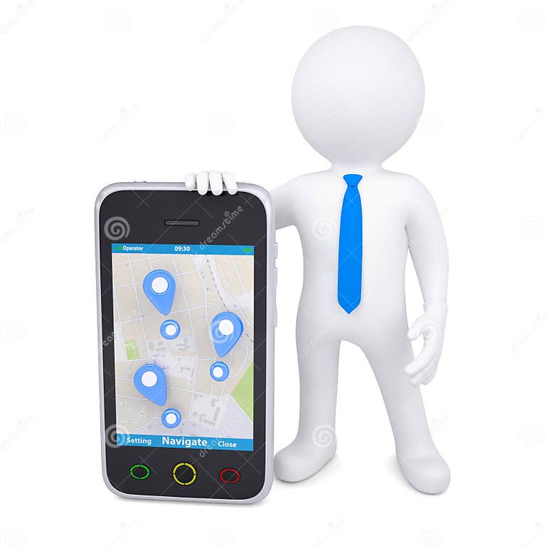 3d Man and a Smartphone with a Map and Marks Stock Illustration ...