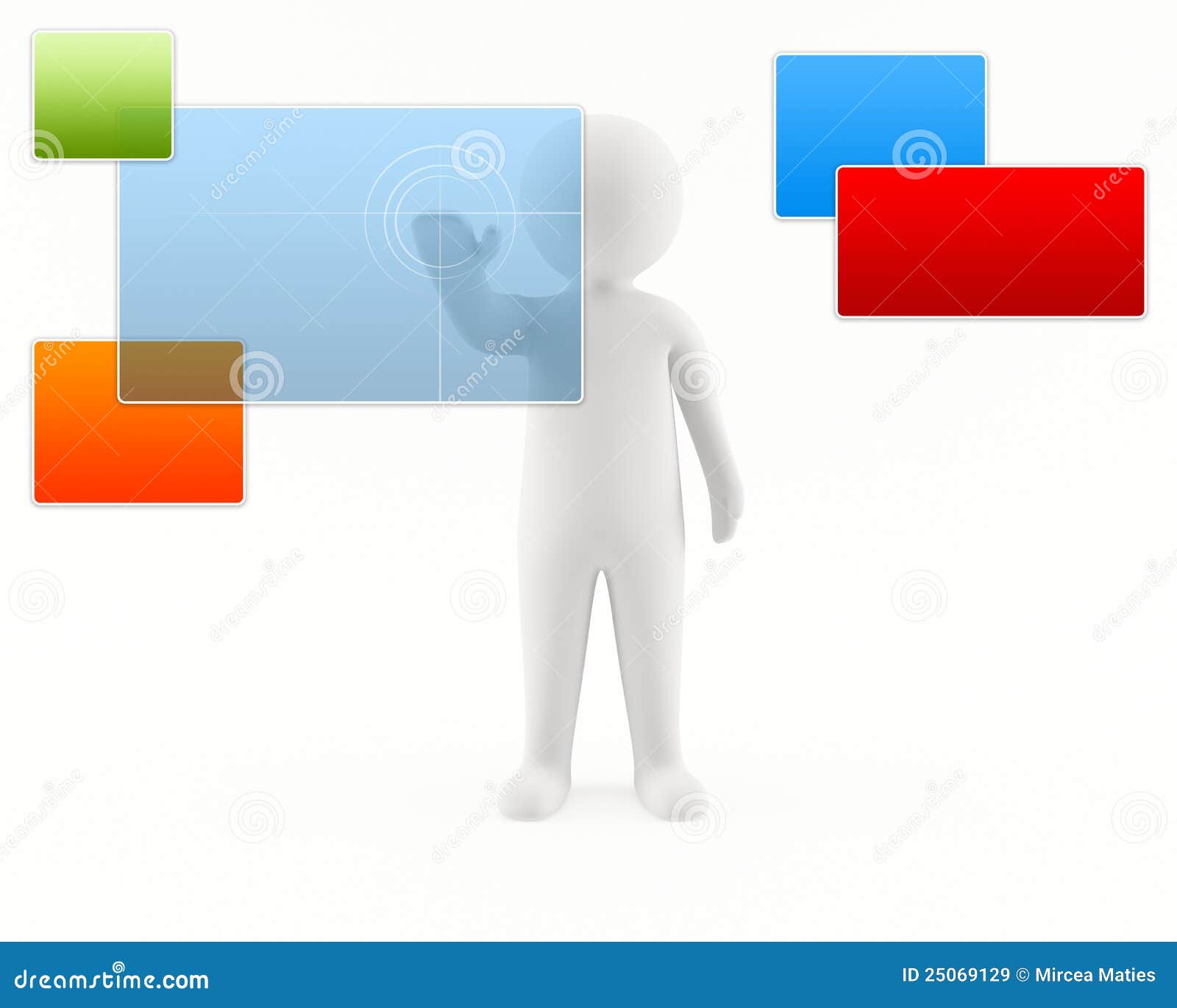 3D man with touchscreens stock illustration. Illustration of people ...