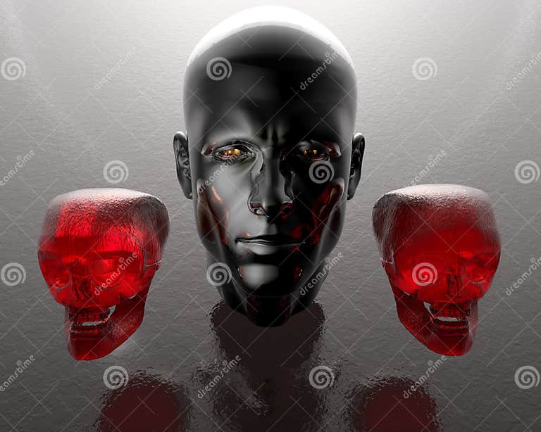 3d Men Head with Two Glass Skulls Stock Illustration - Illustration of ...