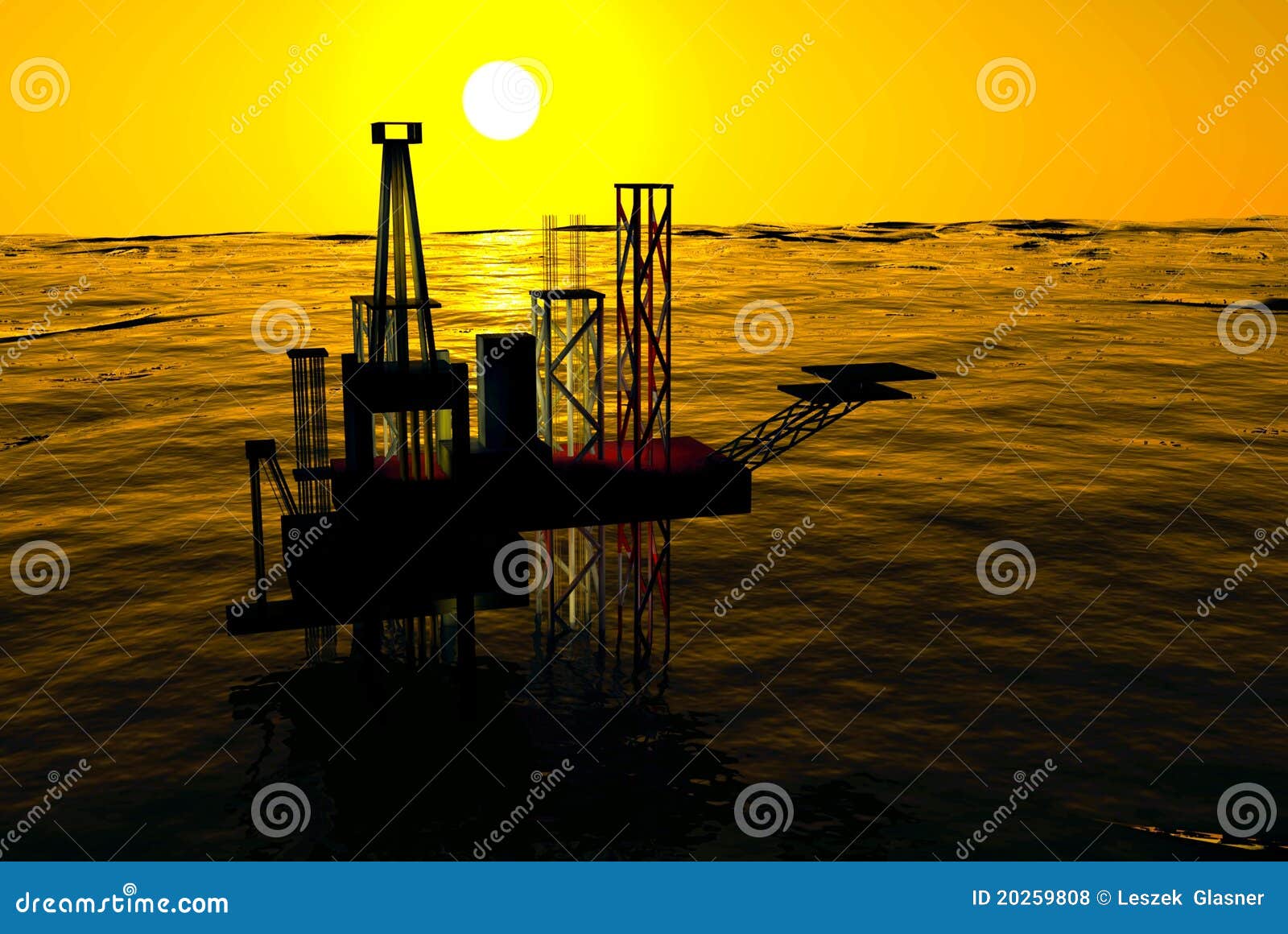 3d Oil Rig Silhouette, Ocean and Sunset Stock Illustration ...