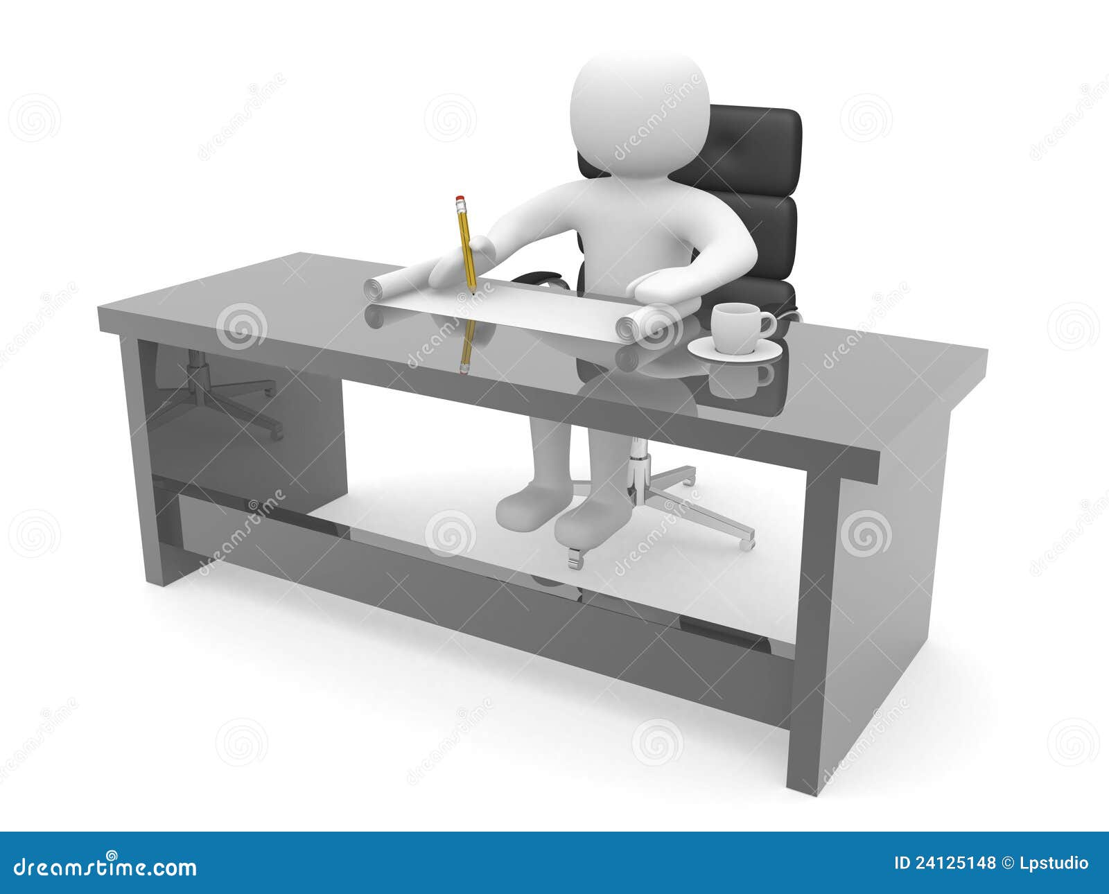 3d Person Working on a Plan and a Cup of Coffee Stock Illustration ...