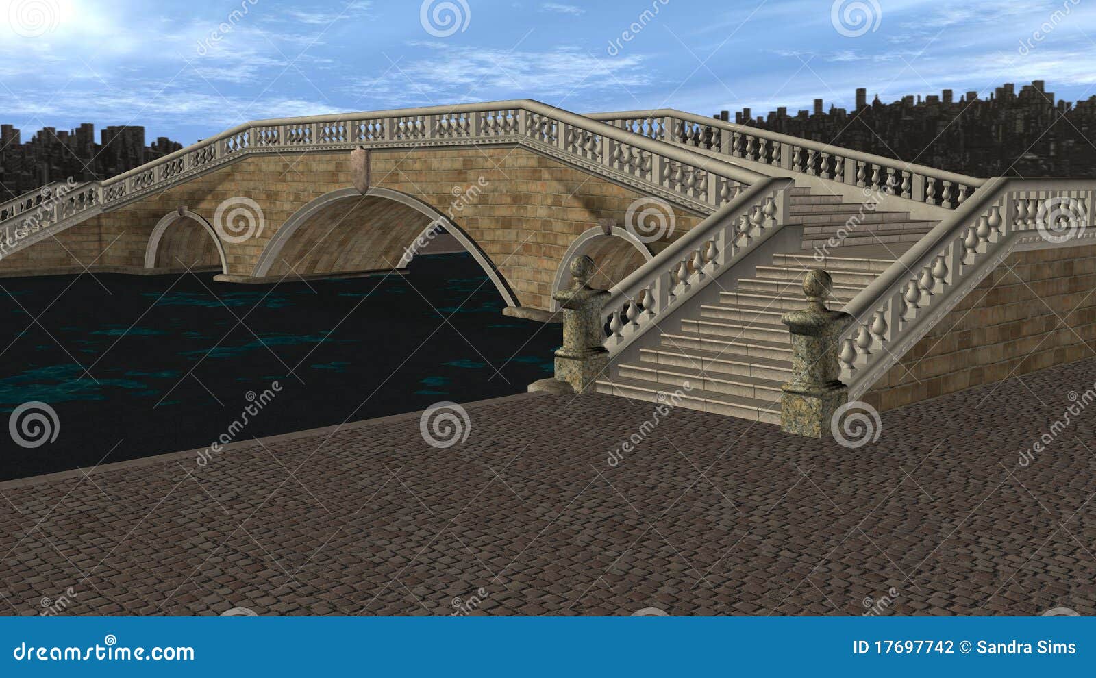 3D Render Bridge Over Canal Stock Illustration - Illustration of ...