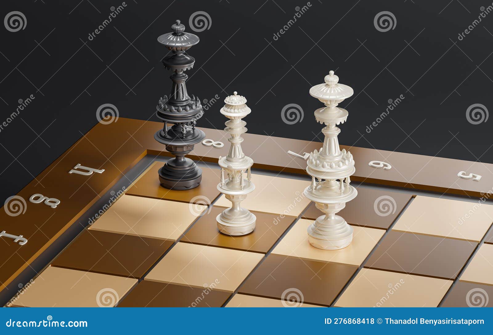 3d Render Chessboard with King and Queen Checkmate on Black Background ...