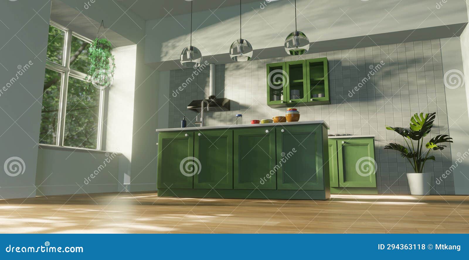 3d Render of Kitchen in Morning for Indoor Interior Design Concept ...