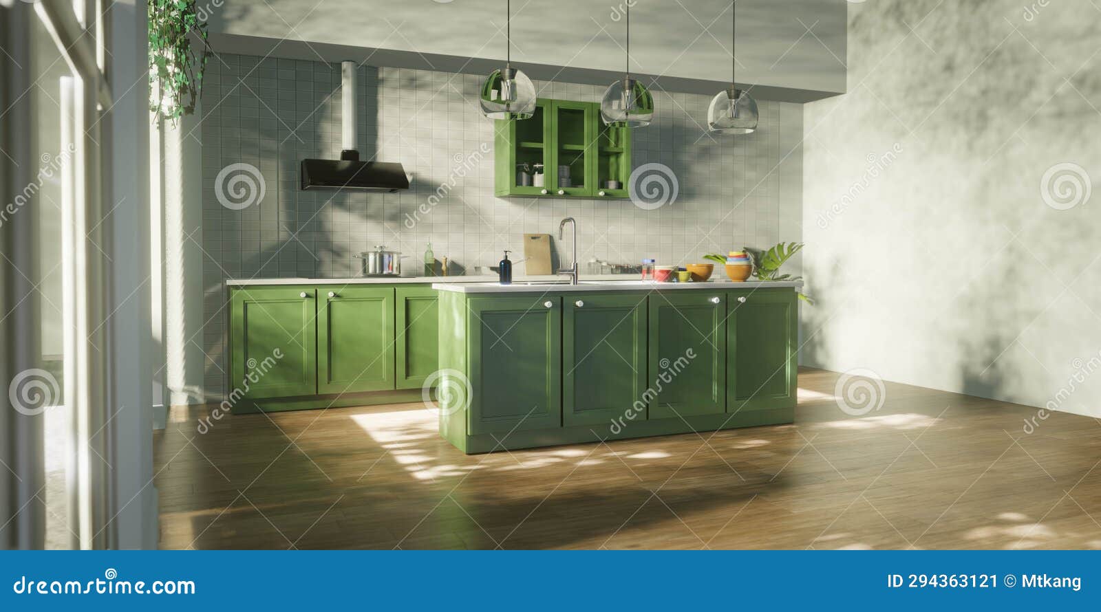 3d Render of Kitchen in Morning for Indoor Interior Design Concept ...