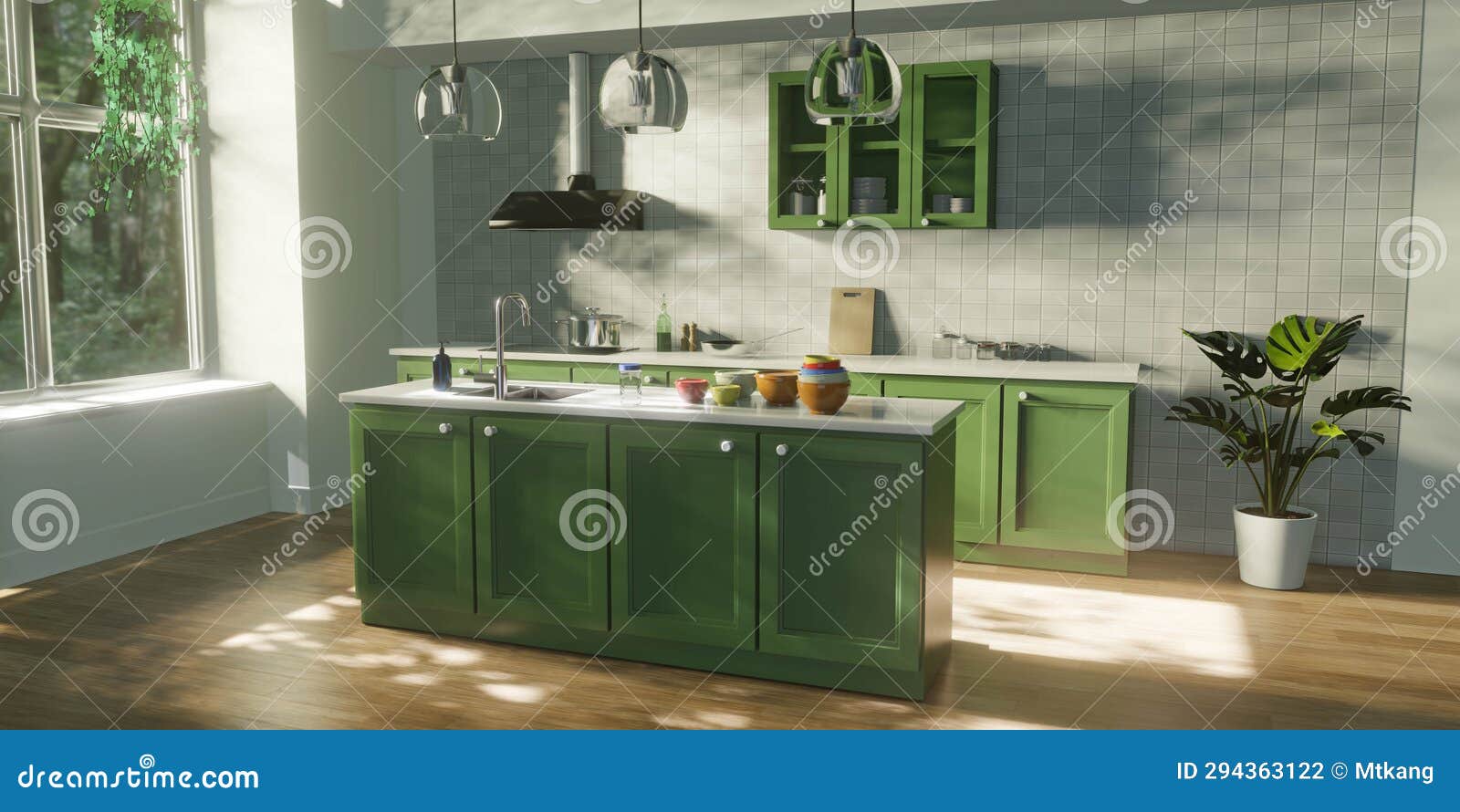 3d Render of Kitchen in Morning for Indoor Interior Design Concept ...