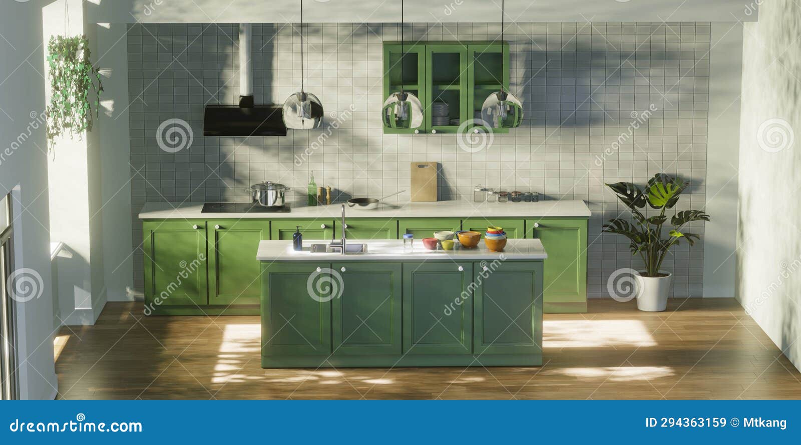 3d Render of Kitchen in Morning for Indoor Interior Design Concept ...