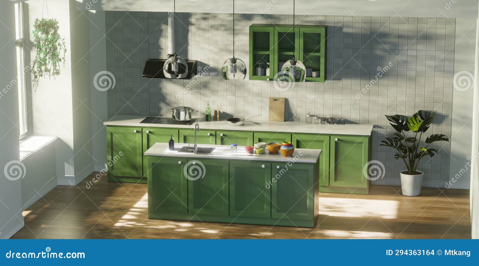 3d Render of Kitchen in Morning for Indoor Interior Design Concept ...