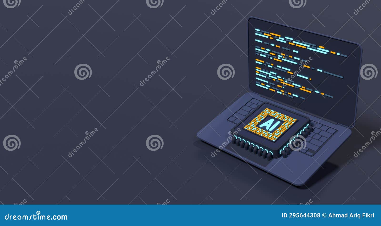 3D Render Laptop Computer with Microchip. AI Chip Hardware Concept ...