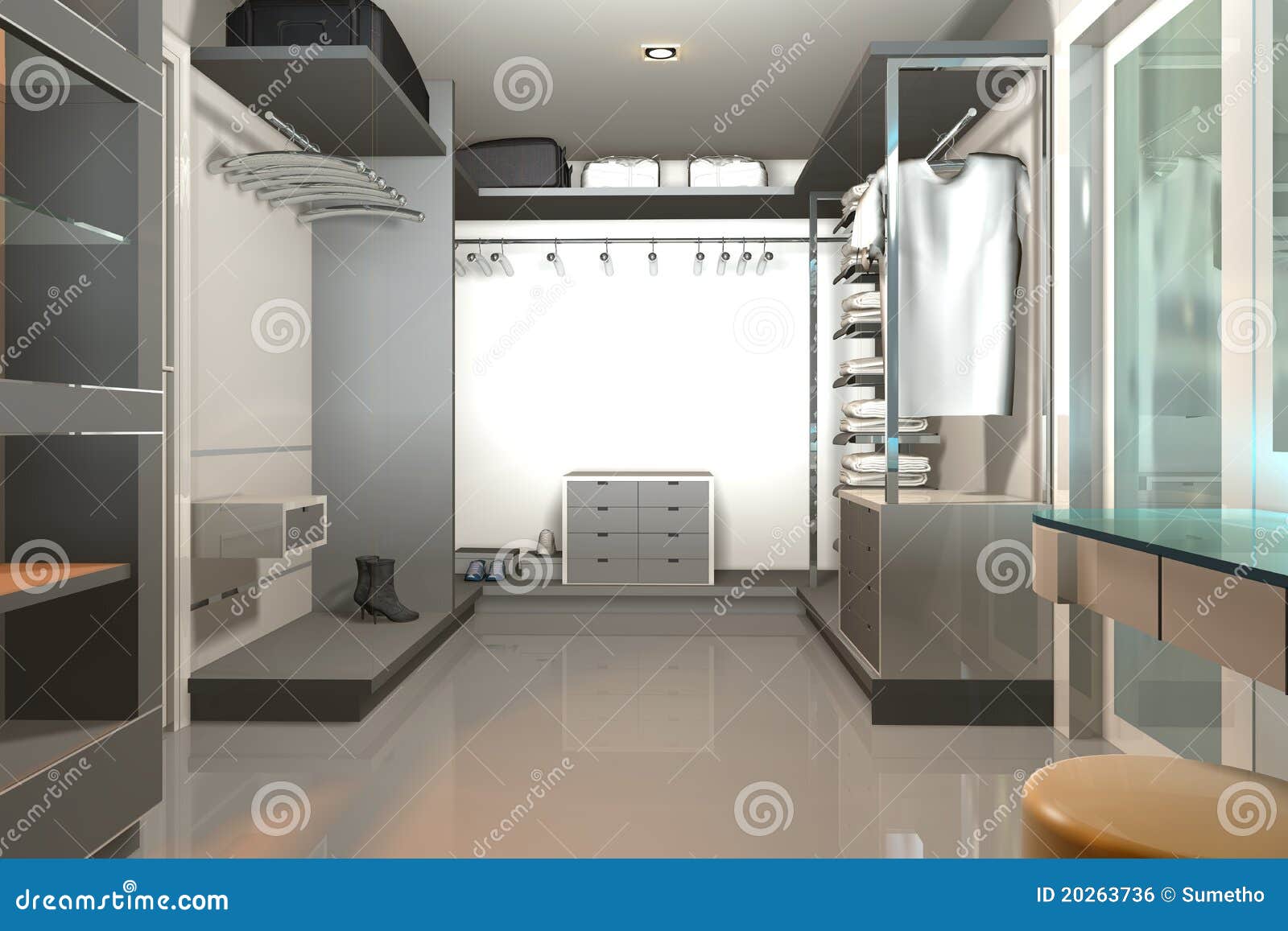 3D Render Modern Interior with Walk-in-closet Stock Illustration ...