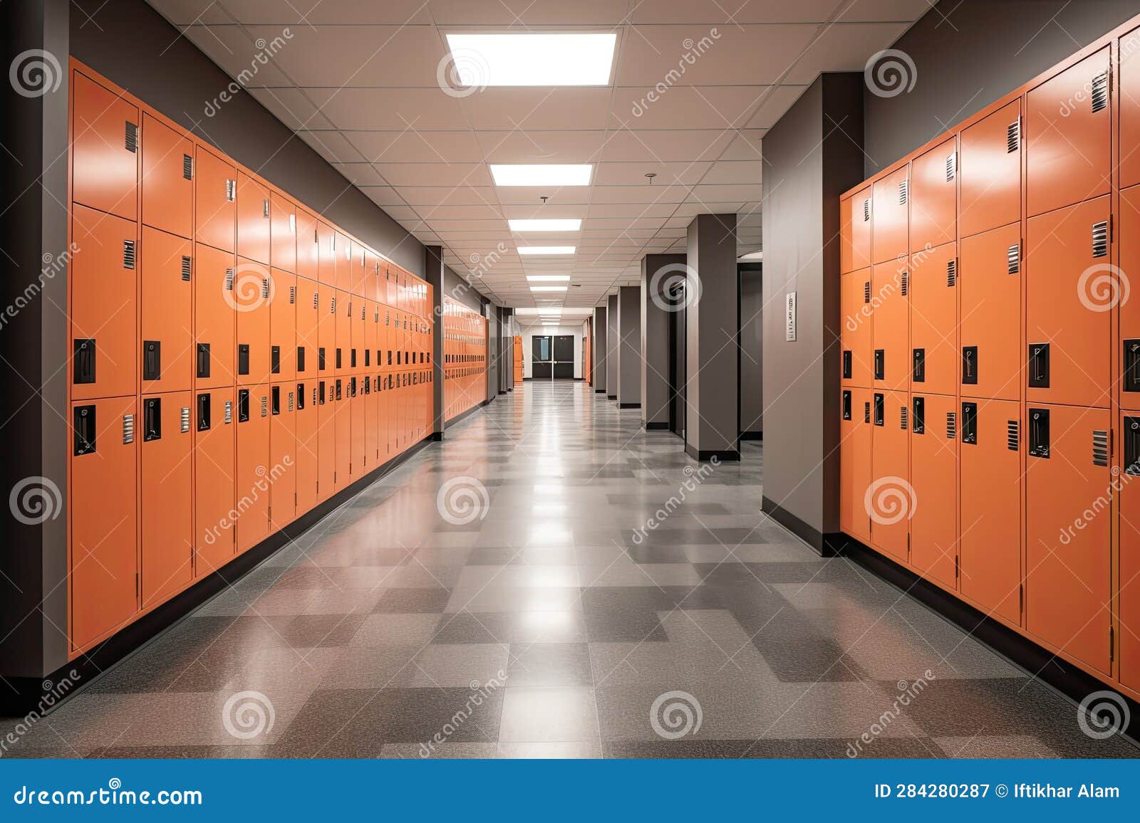 3d Render of a School Corridor with Orange Lockers in it, an Empty High ...