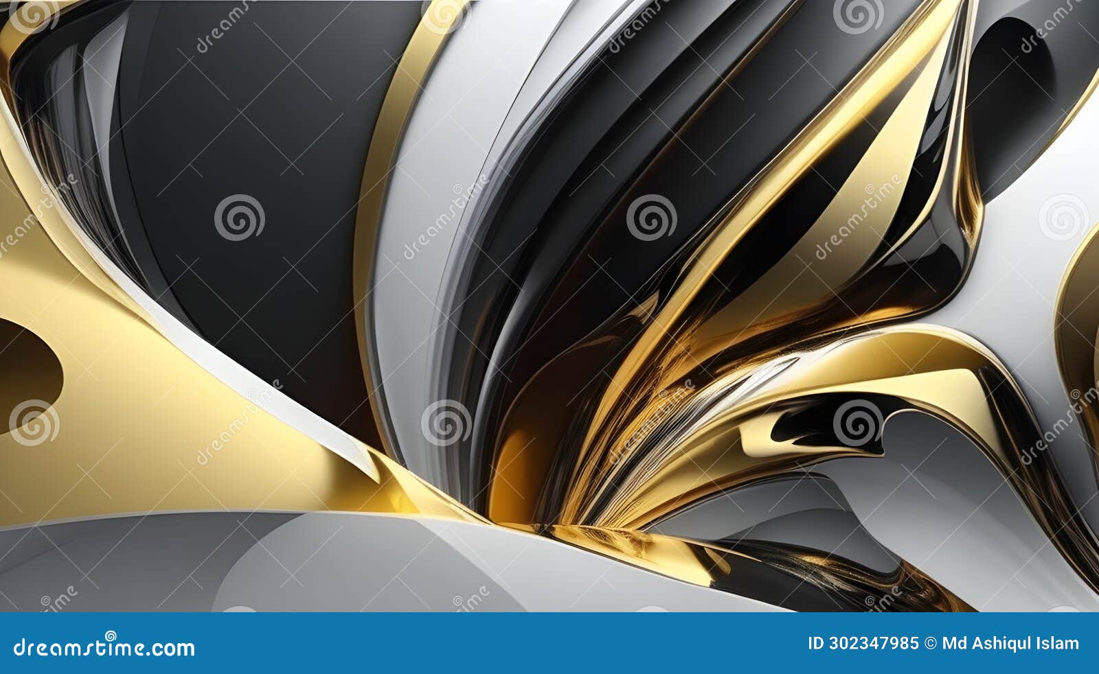 3d Rendering of Abstract Wavy Shape in Black and Gold Colors Stock ...