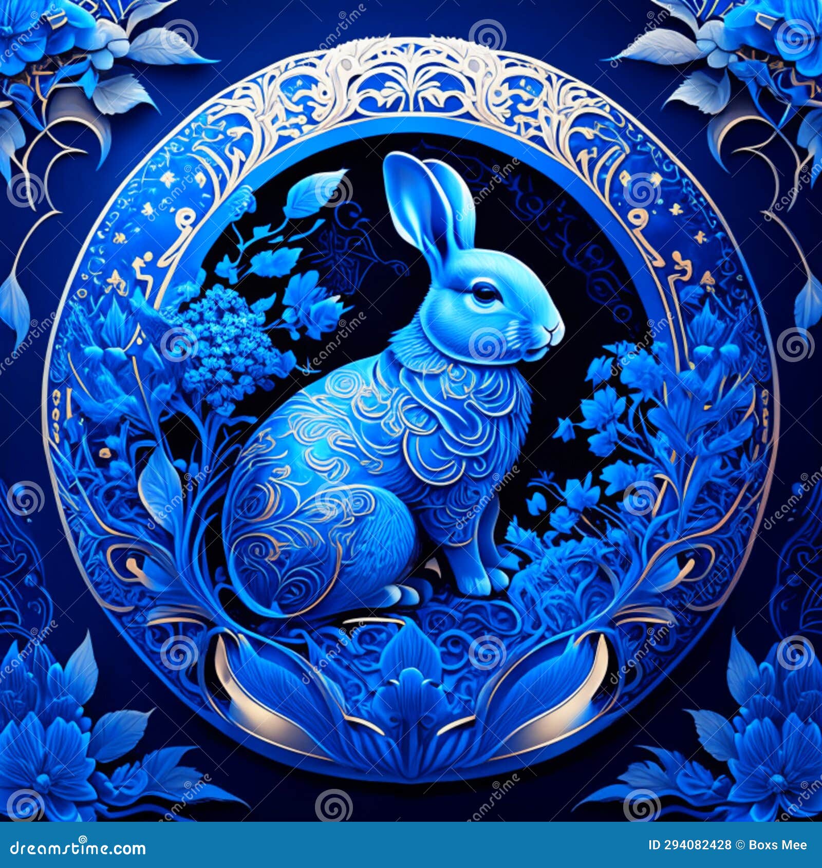3D Rendering of a Chinese Paper-cut Art in Blue with a Rabbit ...