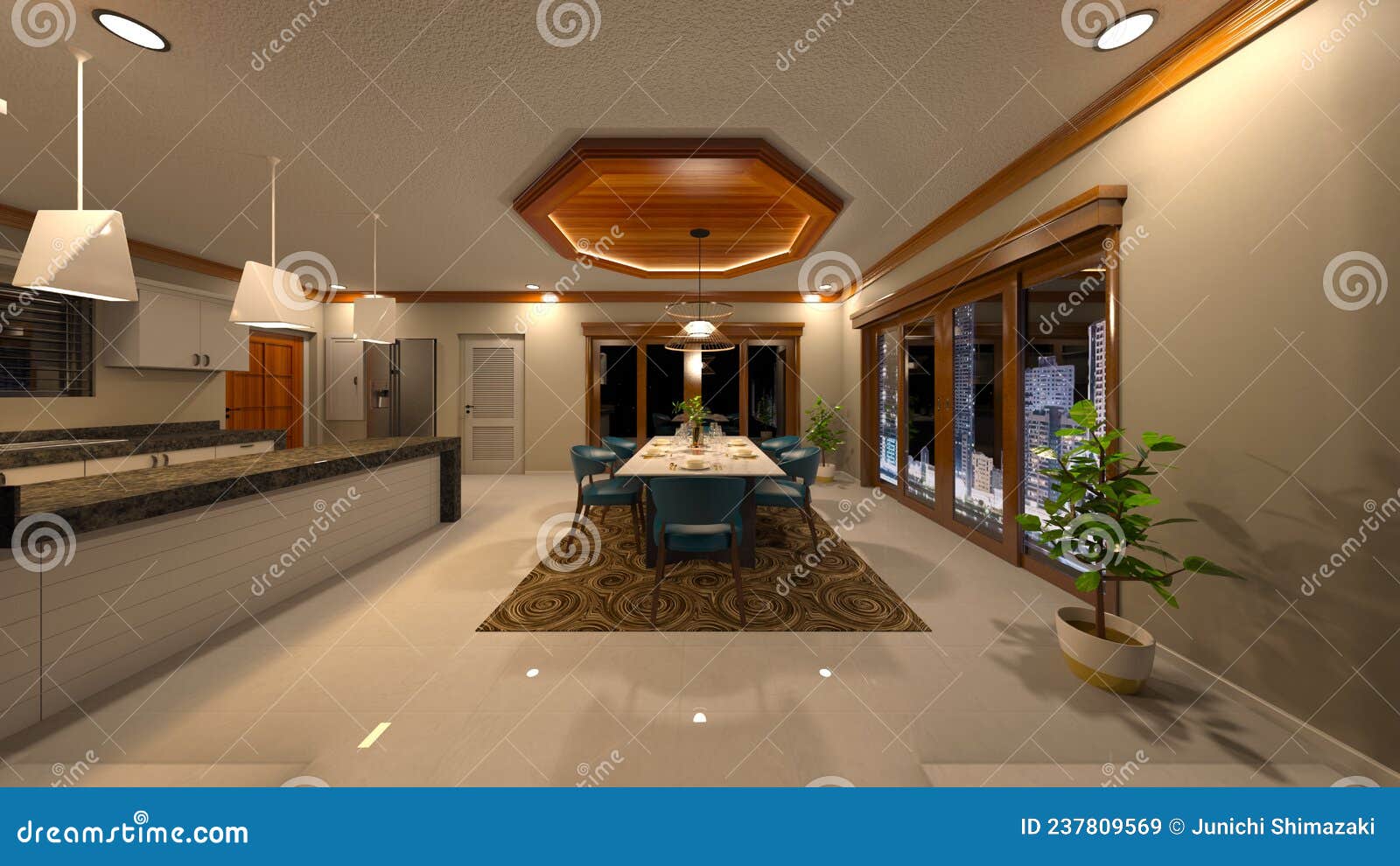 3D Rendering of the Living Dining Room with Night View Stock ...