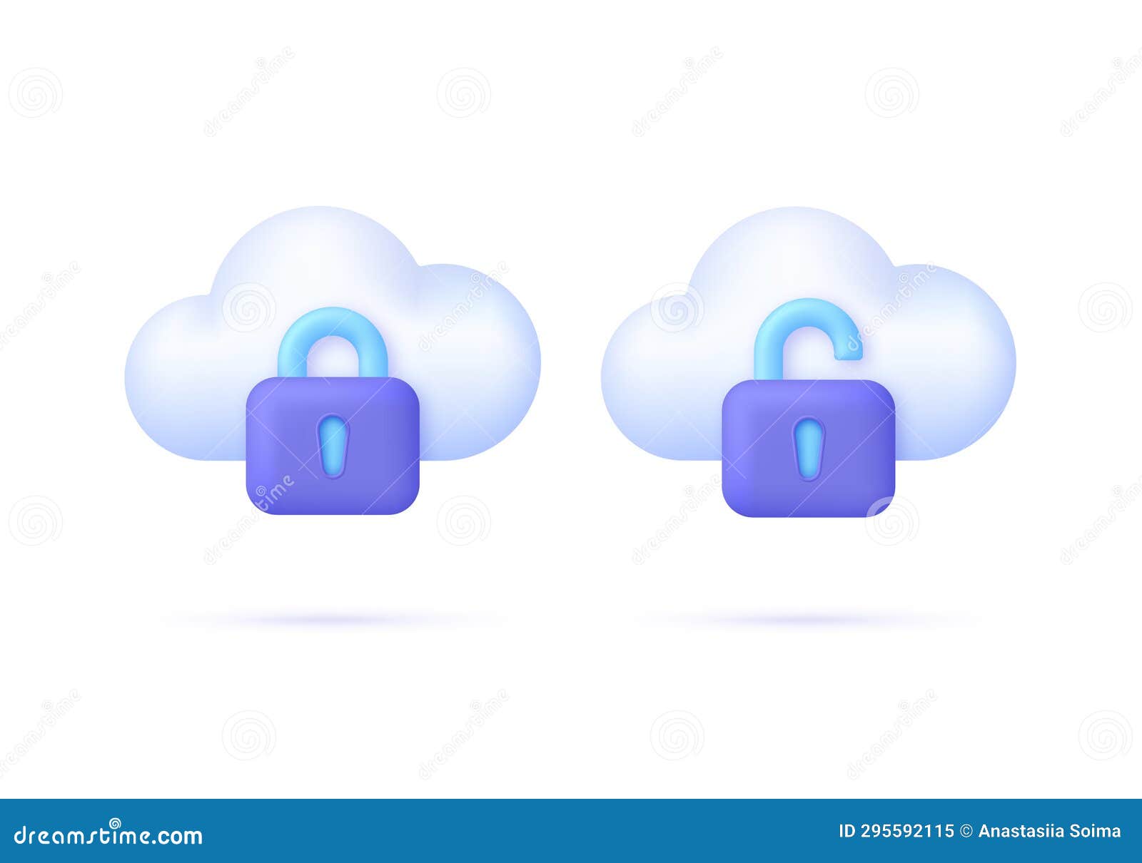 3D Set of Cloud Protection. Cloud Security Concept. Open and Closed Padlock. Data Storage ...